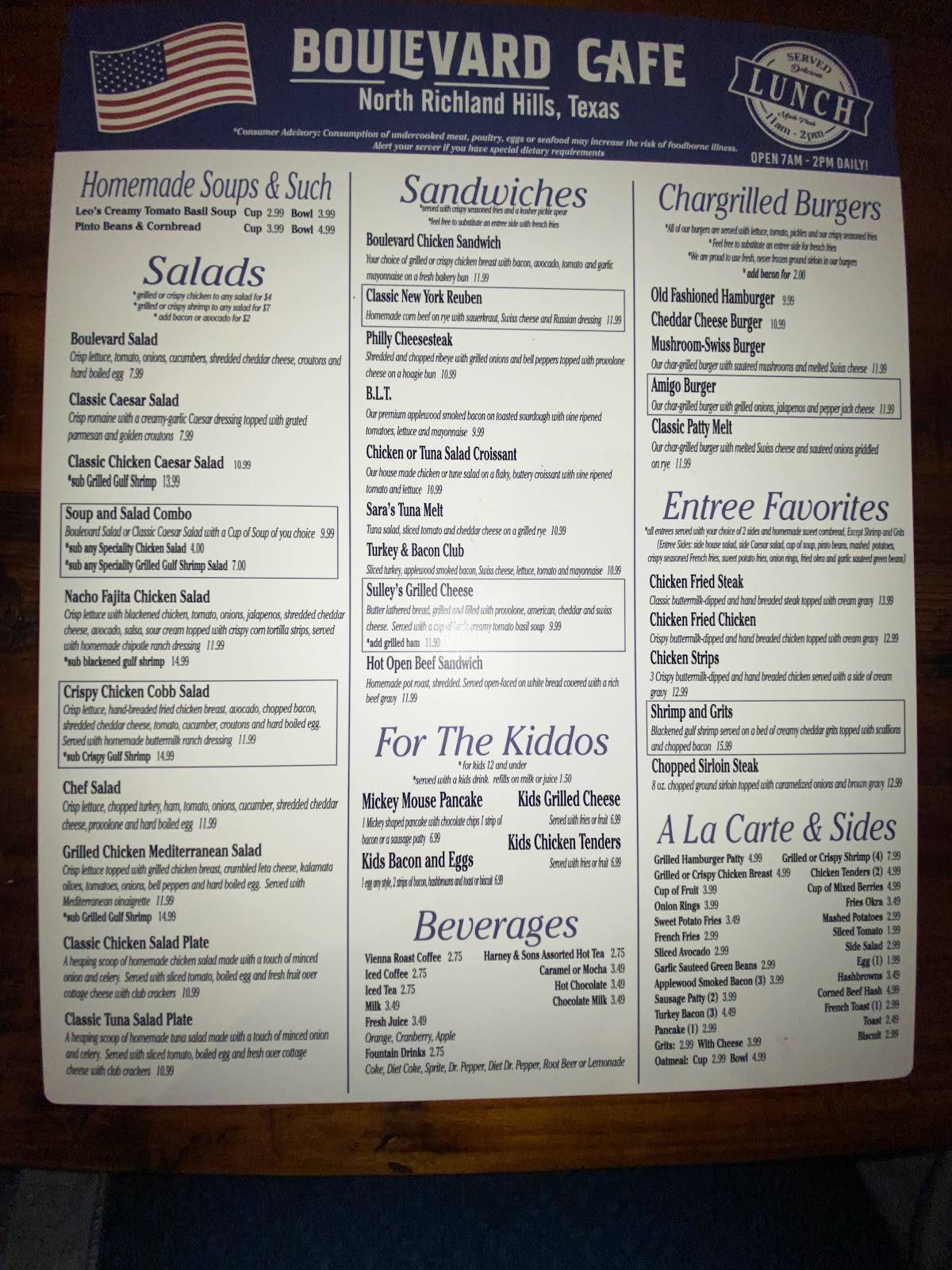 Menu at Boulevard Cafe, North Richland Hills