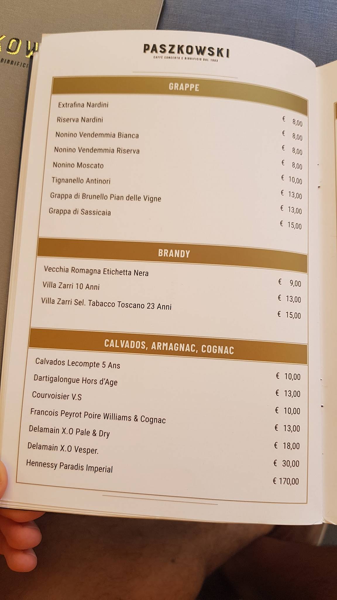 Menu at Caffe Concerto Paszkowski cafe, Florence