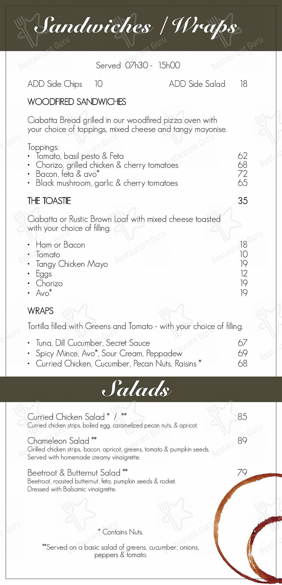 Menu at Cafe Chameleon, Cape Town, Shop no 5