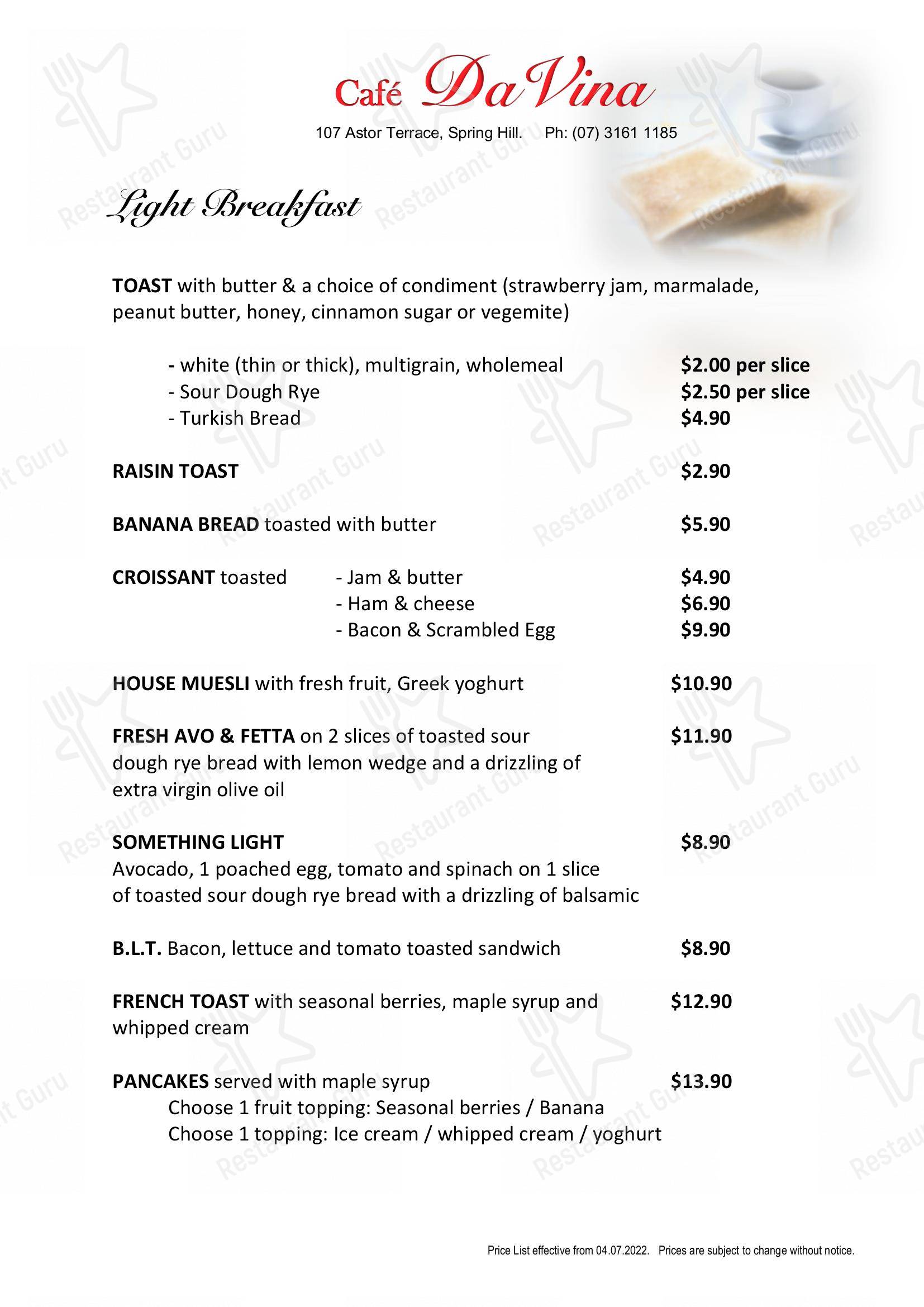 Menu at Cafe Da Vina, Spring Hill