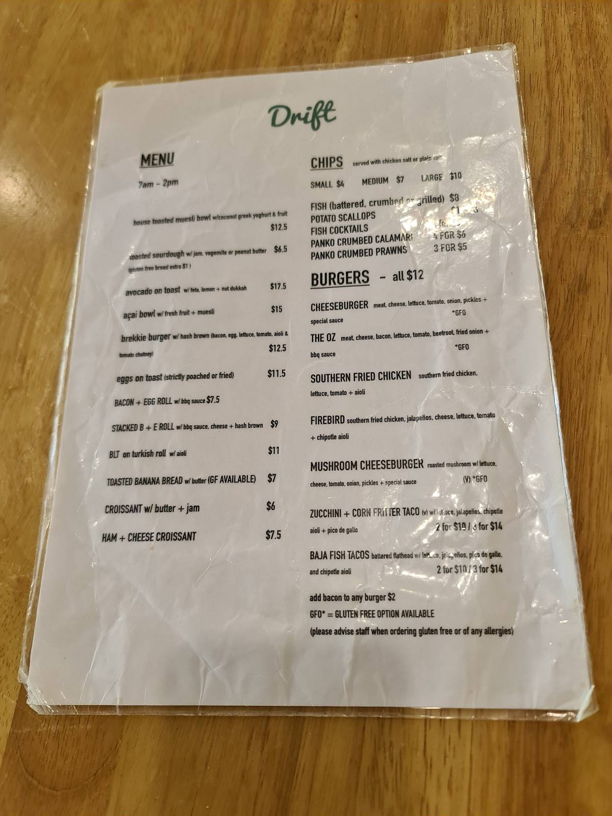 Menu at Drift Cafe, Blueys Beach