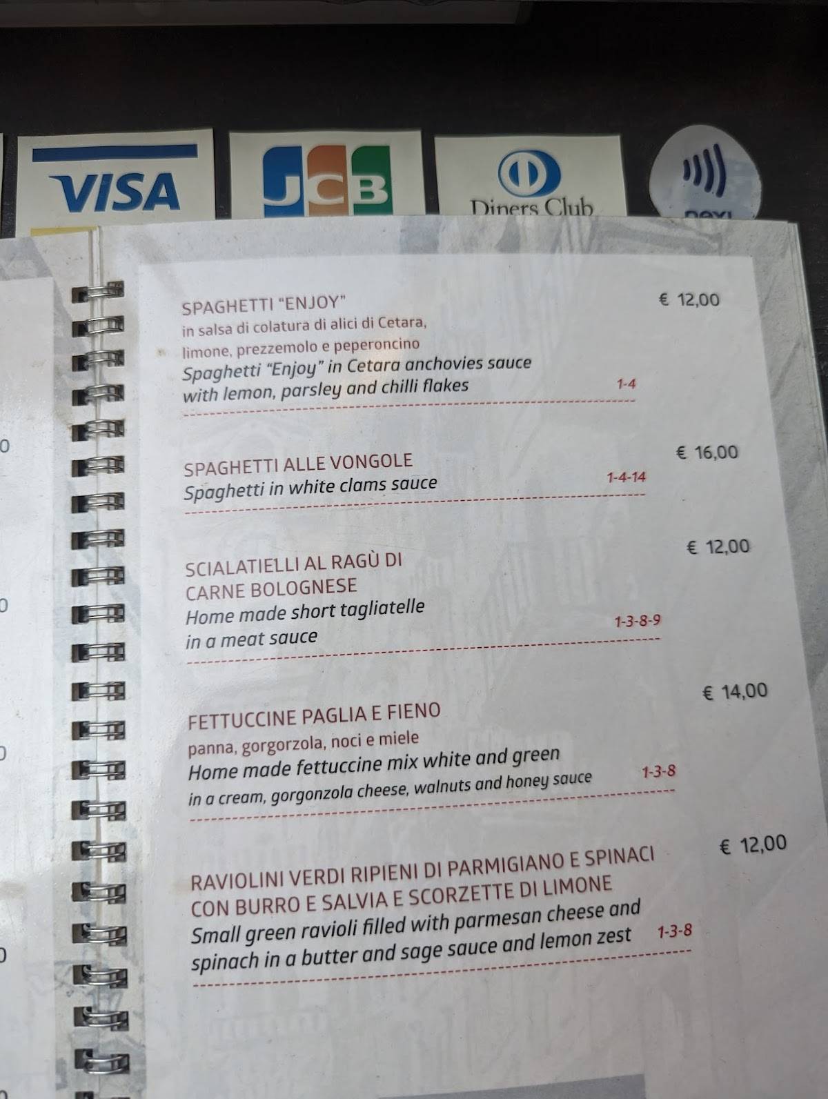 Menu at Enjoy Restaurant, Sorrento