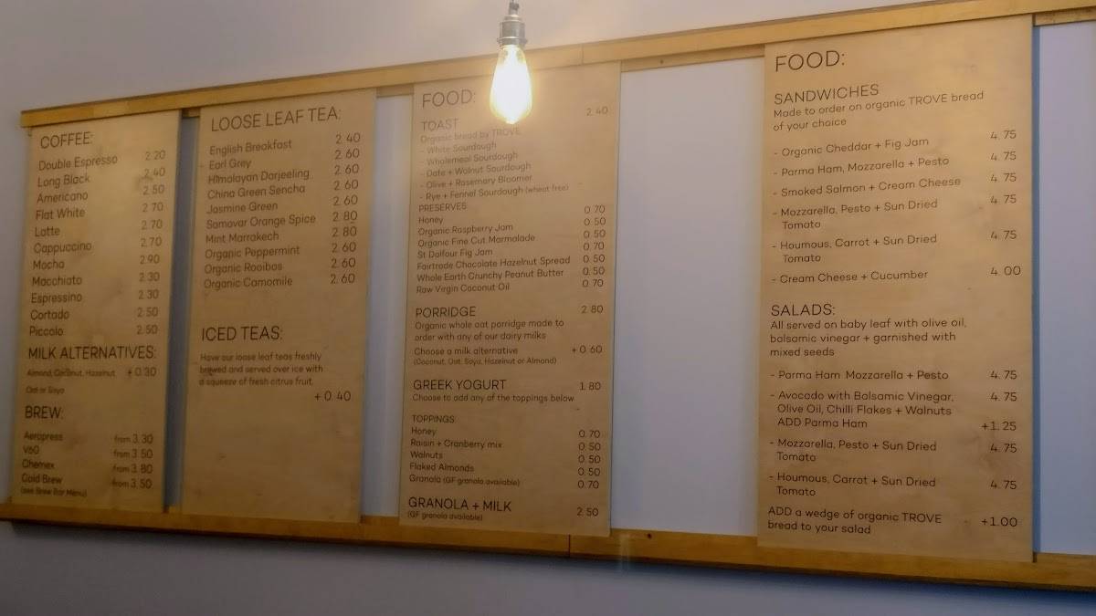 Menu at Fig + Sparrow cafe, Manchester