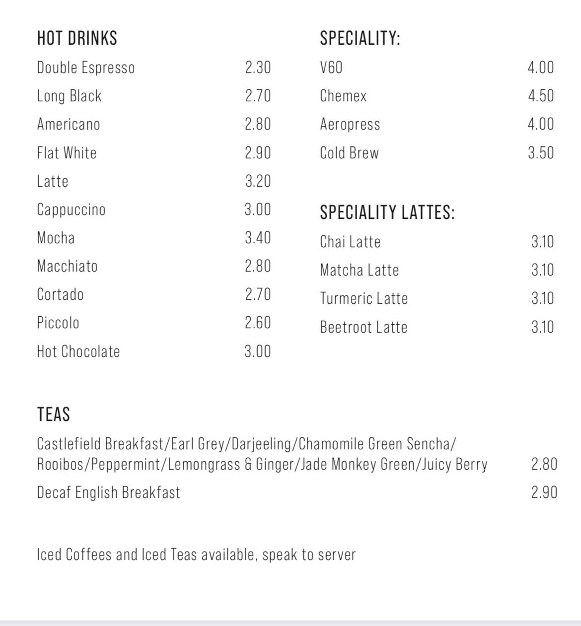 Menu at Fig + Sparrow cafe, Manchester