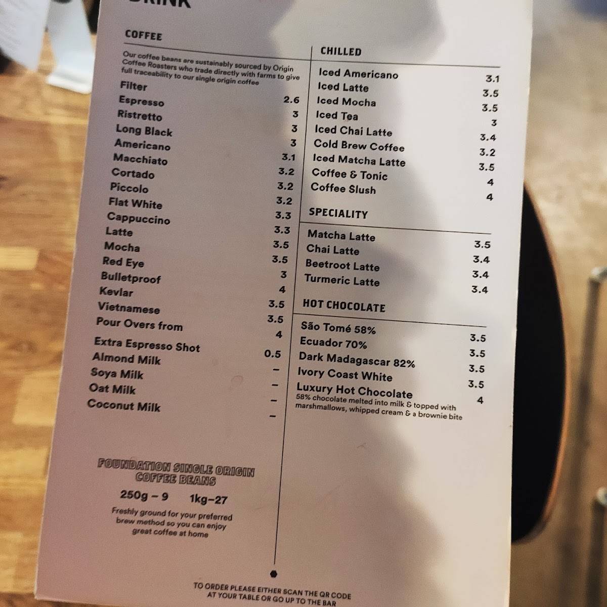 Menu at Foundation Coffee House, Manchester, Sevendale House