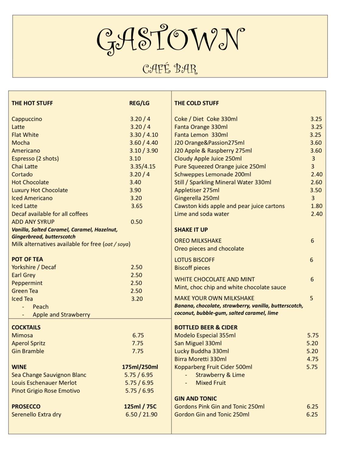 Menu at Gastown Cafe Bar, Macclesfield
