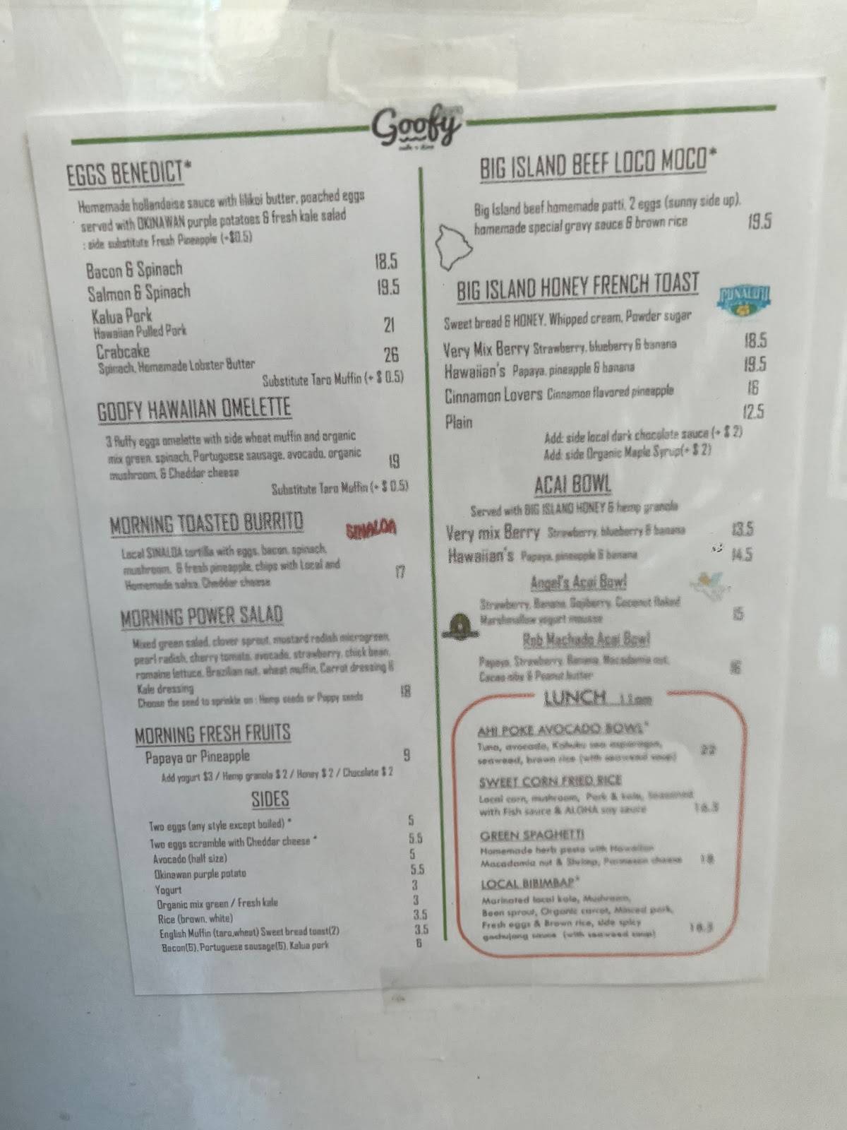 Menu at Goofy Cafe & Dine, Honolulu