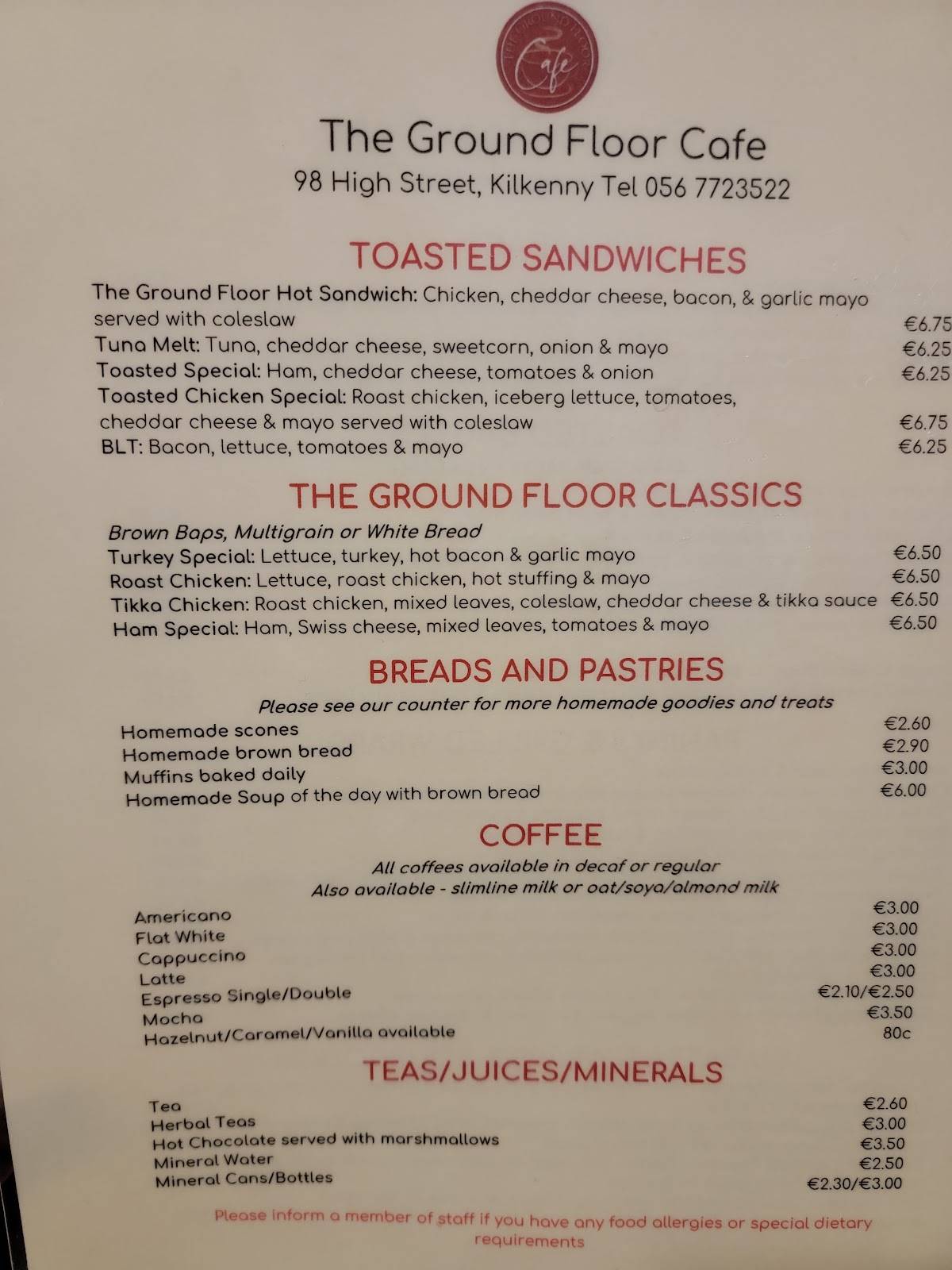 Menu at Ground Floor Cafe, Kilkenny