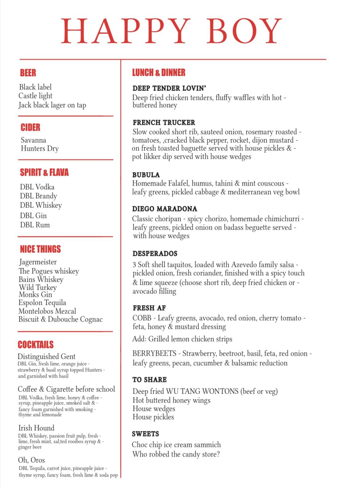Menu au HAPPY BOY café, Le Cap