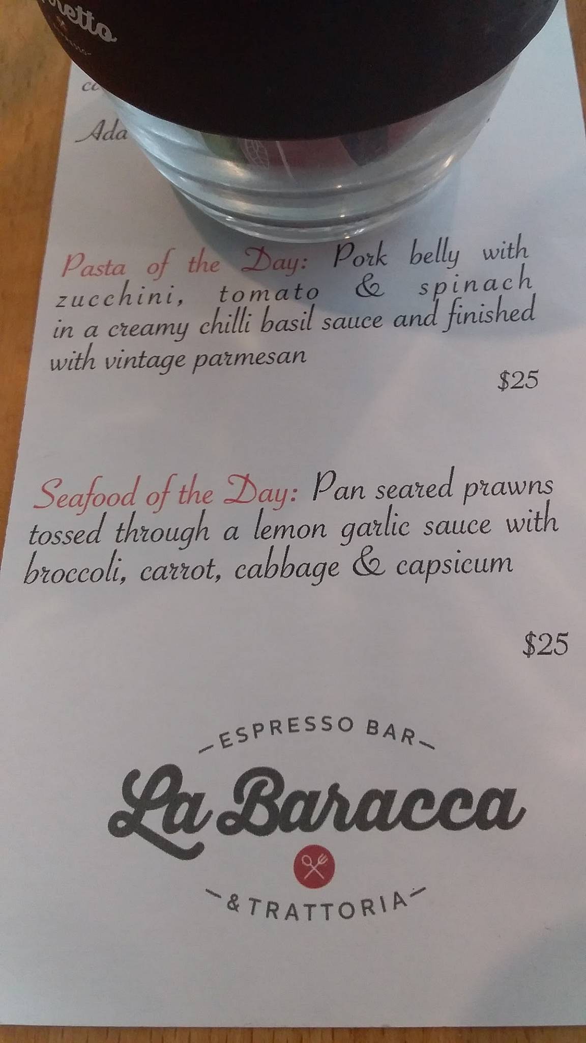 Menu at La Baracca Espresso Bar & Trattoria, Lismore