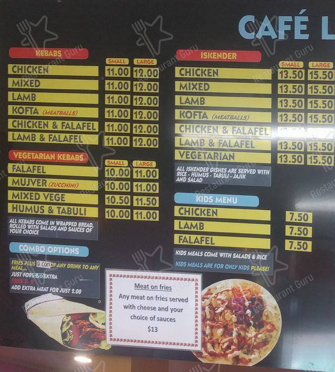 Menu at Cafe Laz Turkish Kebab House, Wellington, 121 Riddiford St