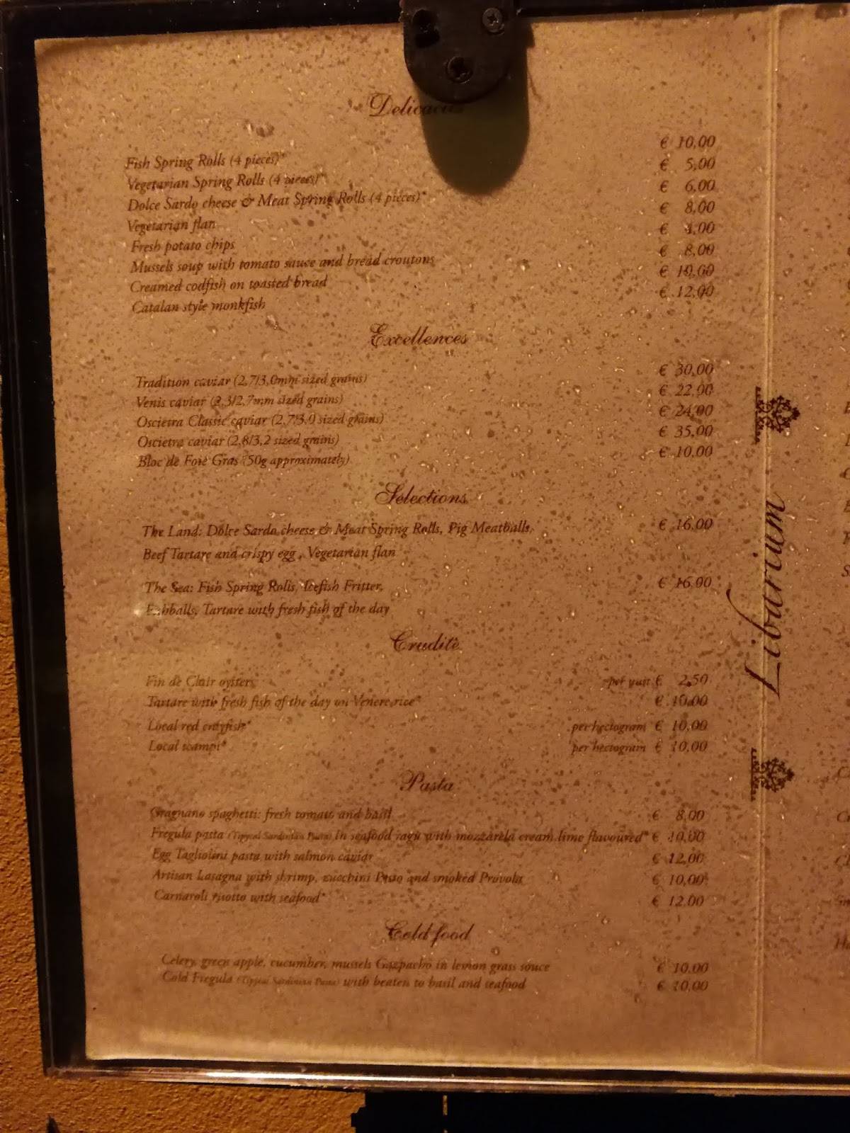 Menu at Libarium Nostrum, Cagliari