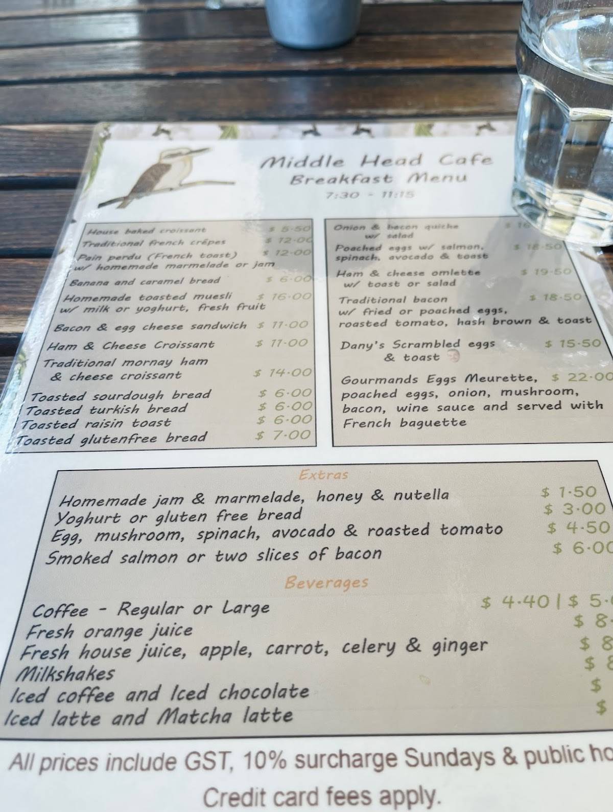 Menu at Middle Head Cafe, Mosman, Middle Head Rd
