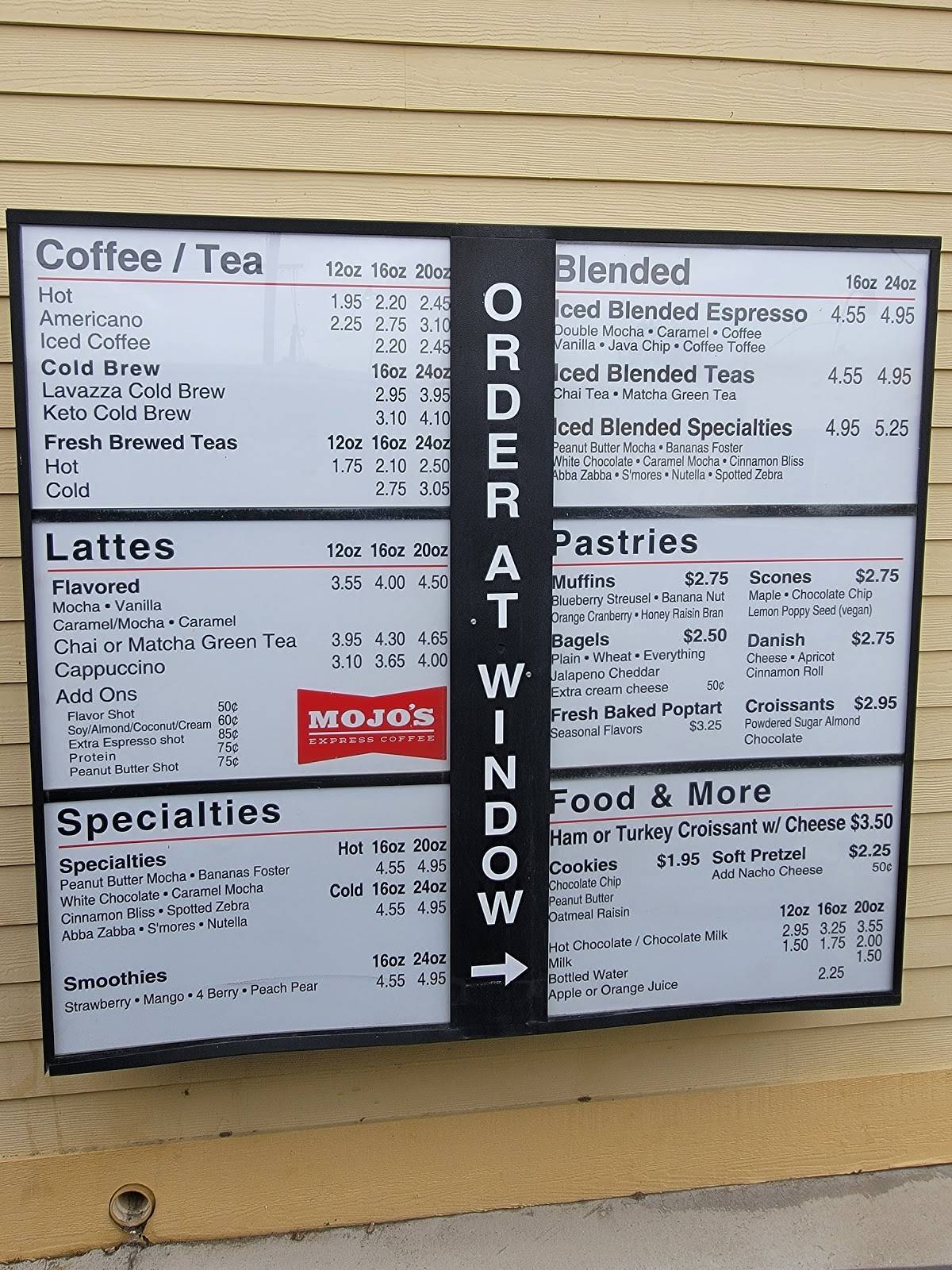 Menu at Mojo's Drive Thru Coffee LLC cafe, Corona