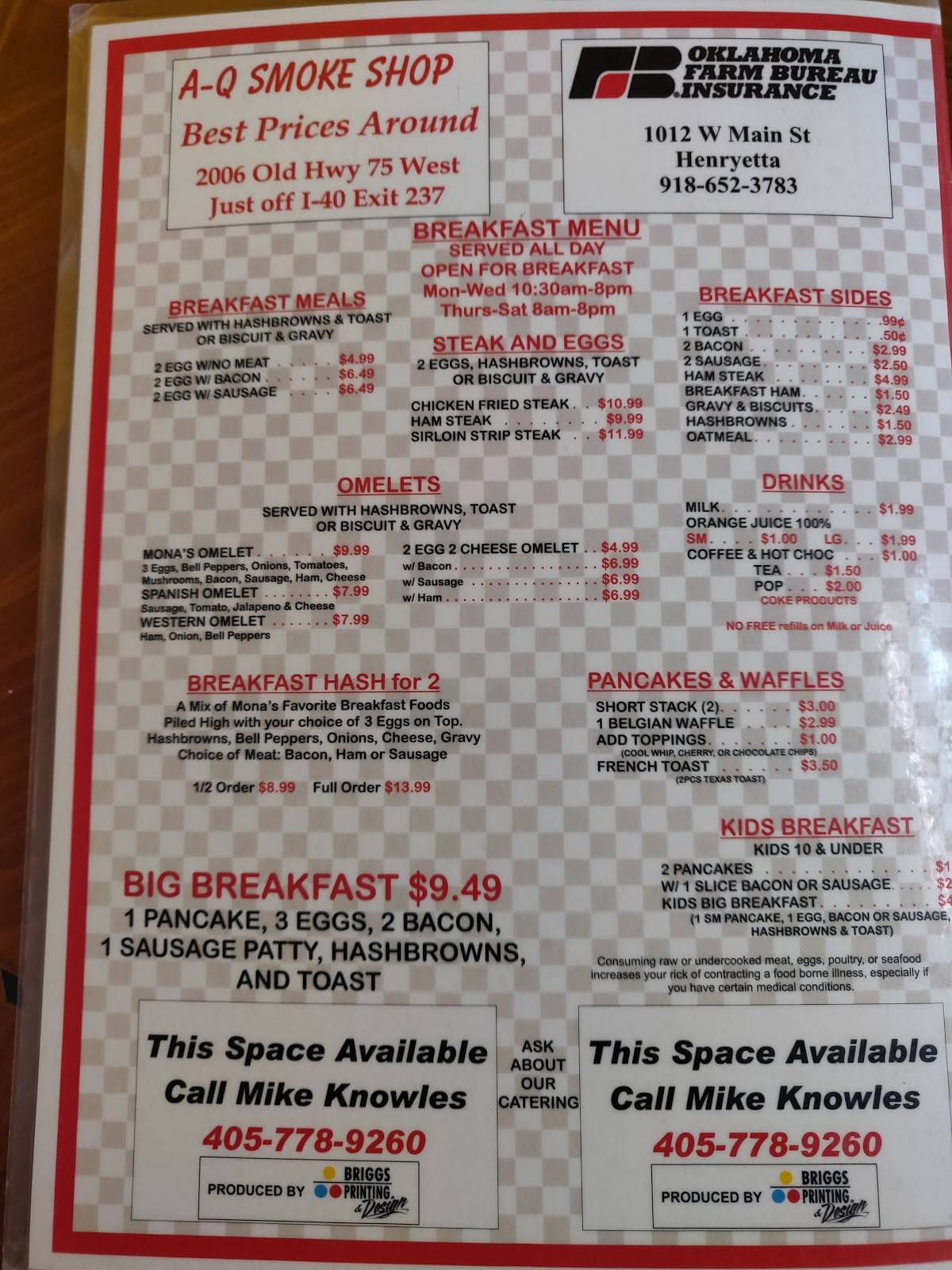 Menu at Mona’s Rose of Sharon Restaurant, Henryetta