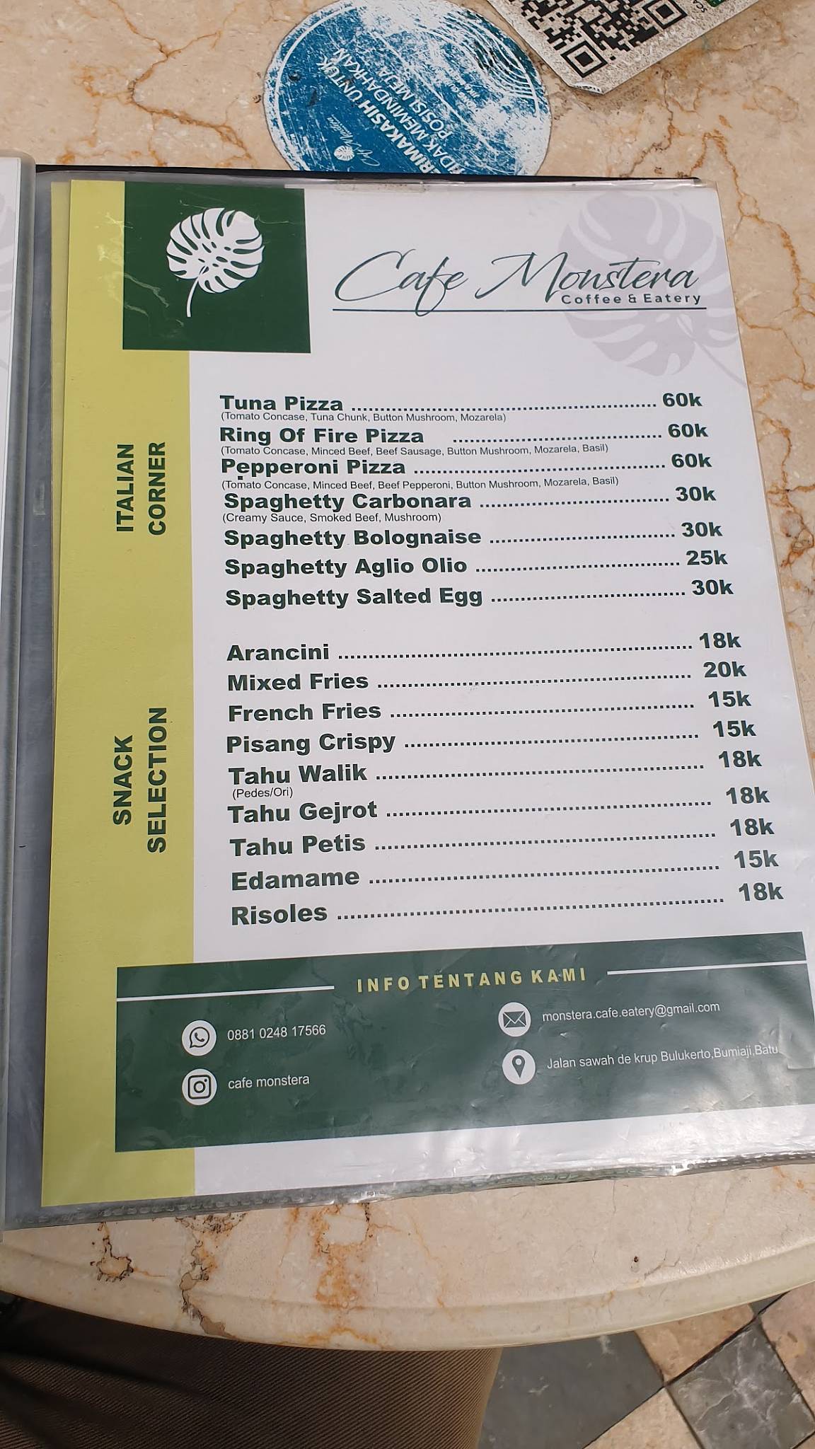 Carta de Cafe Monstera, Batu, Jl. Sawah De krup