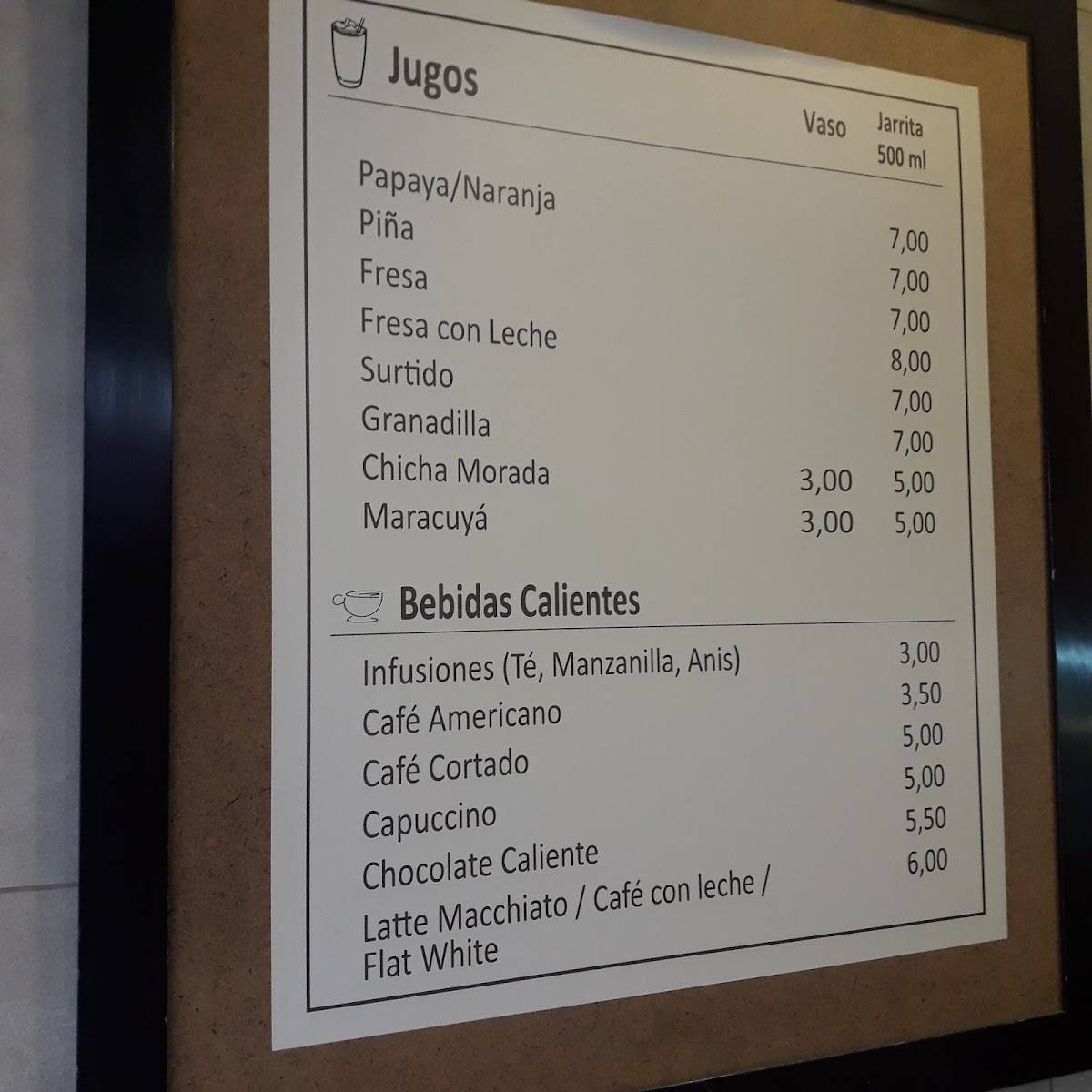 Carta del café La Nuez, Santiago del Surco