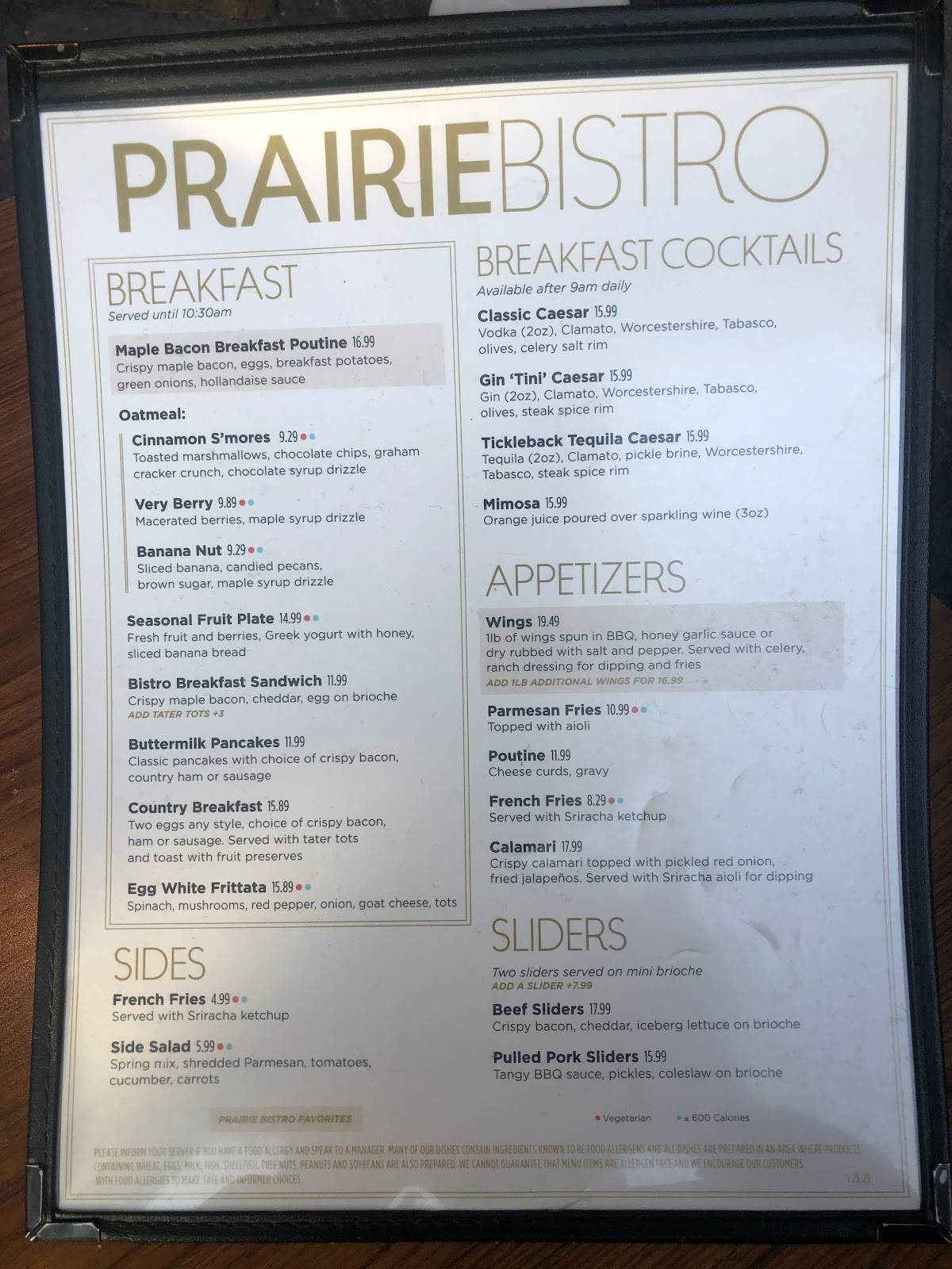 Menu at Prairie Bistro cafe, Winnipeg, Wellington Ave