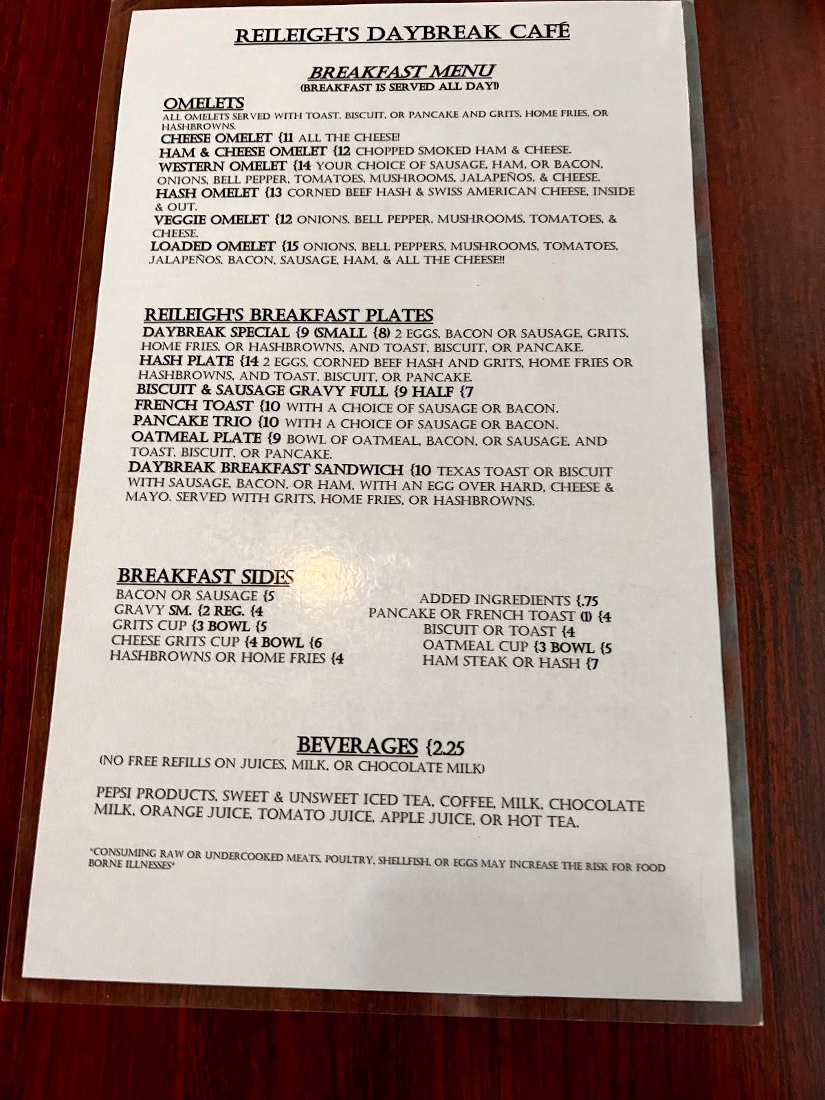 Menu at R'Reileigh's Daybreak Cafe', Lillian