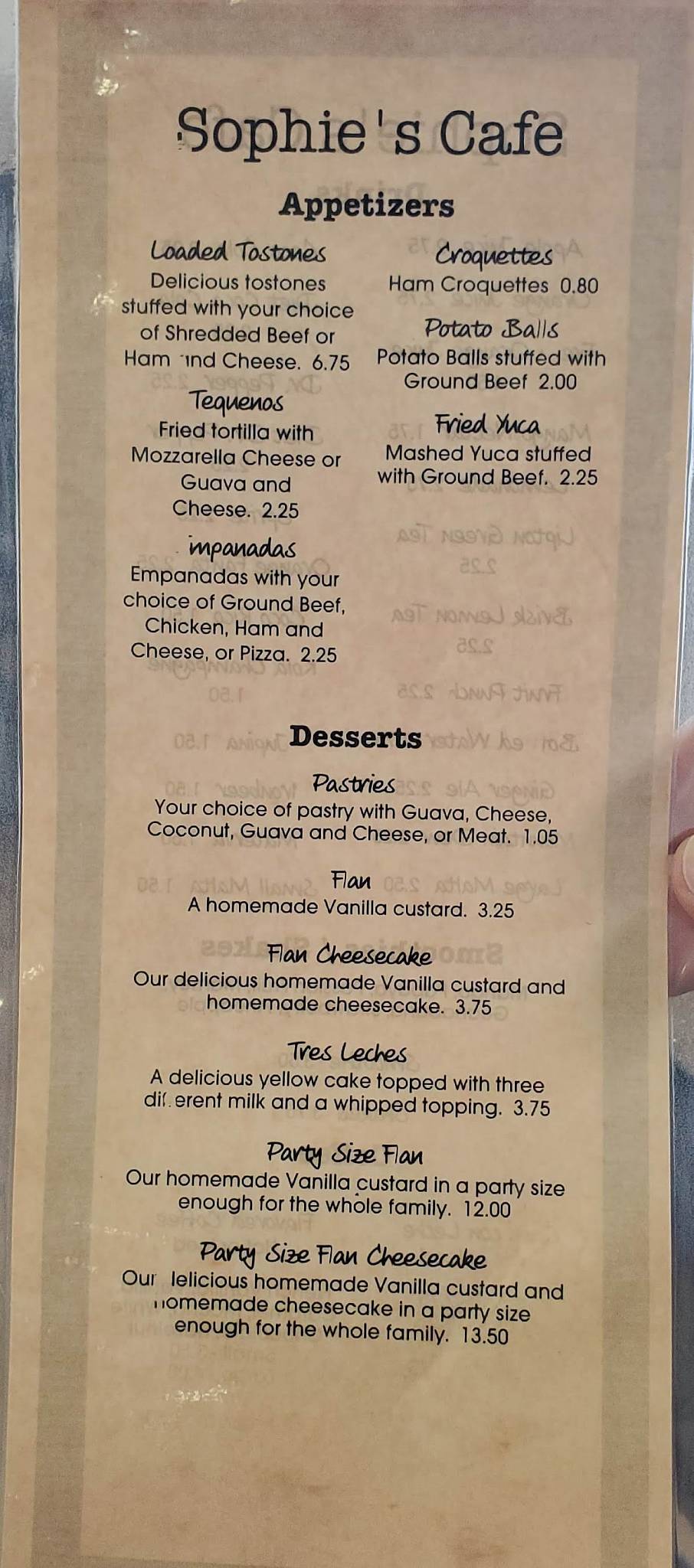 Menu at Sophie’s Cafe, Sebring