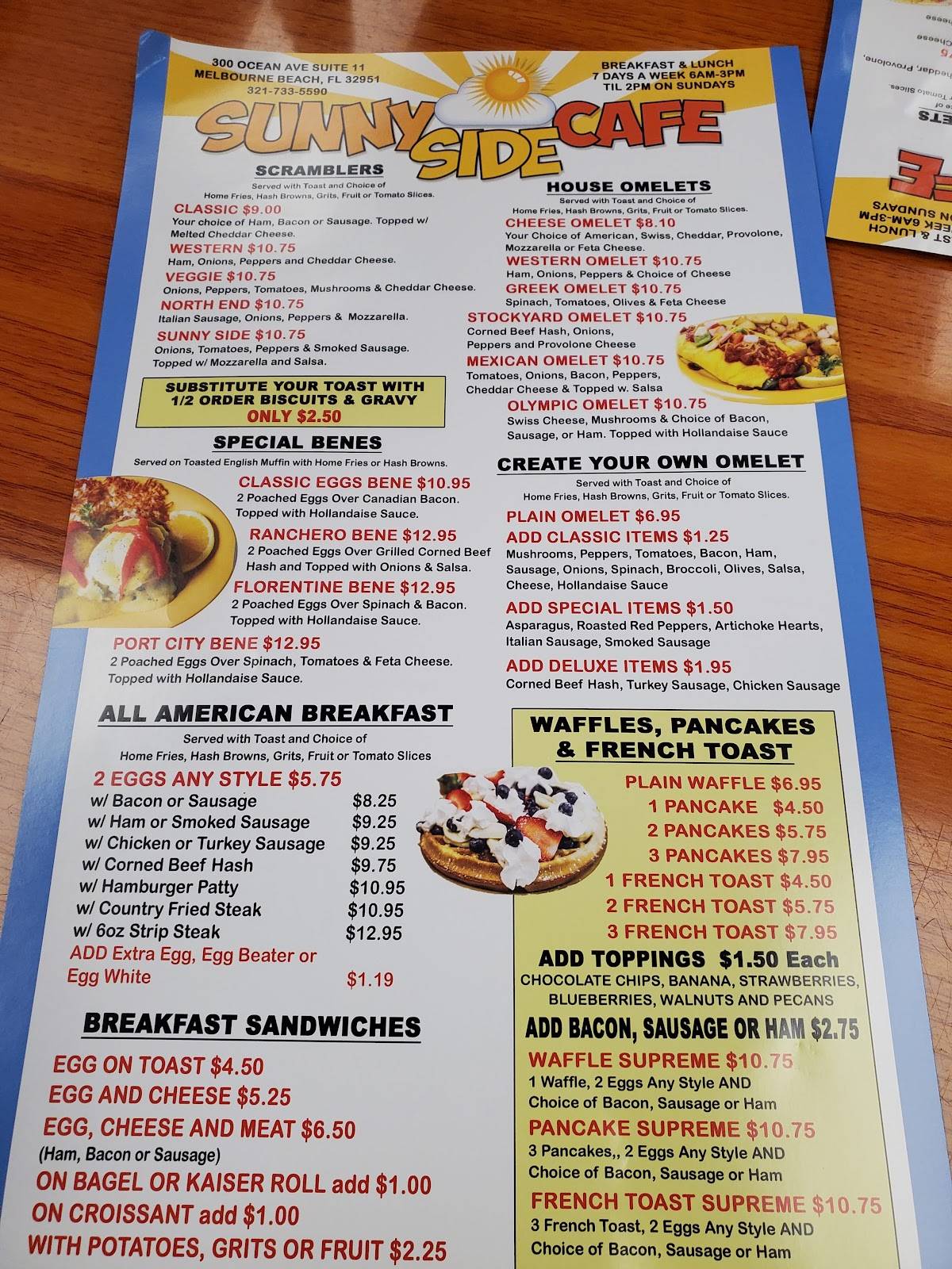 Carta de Sunnyside Cafe, Melbourne Beach