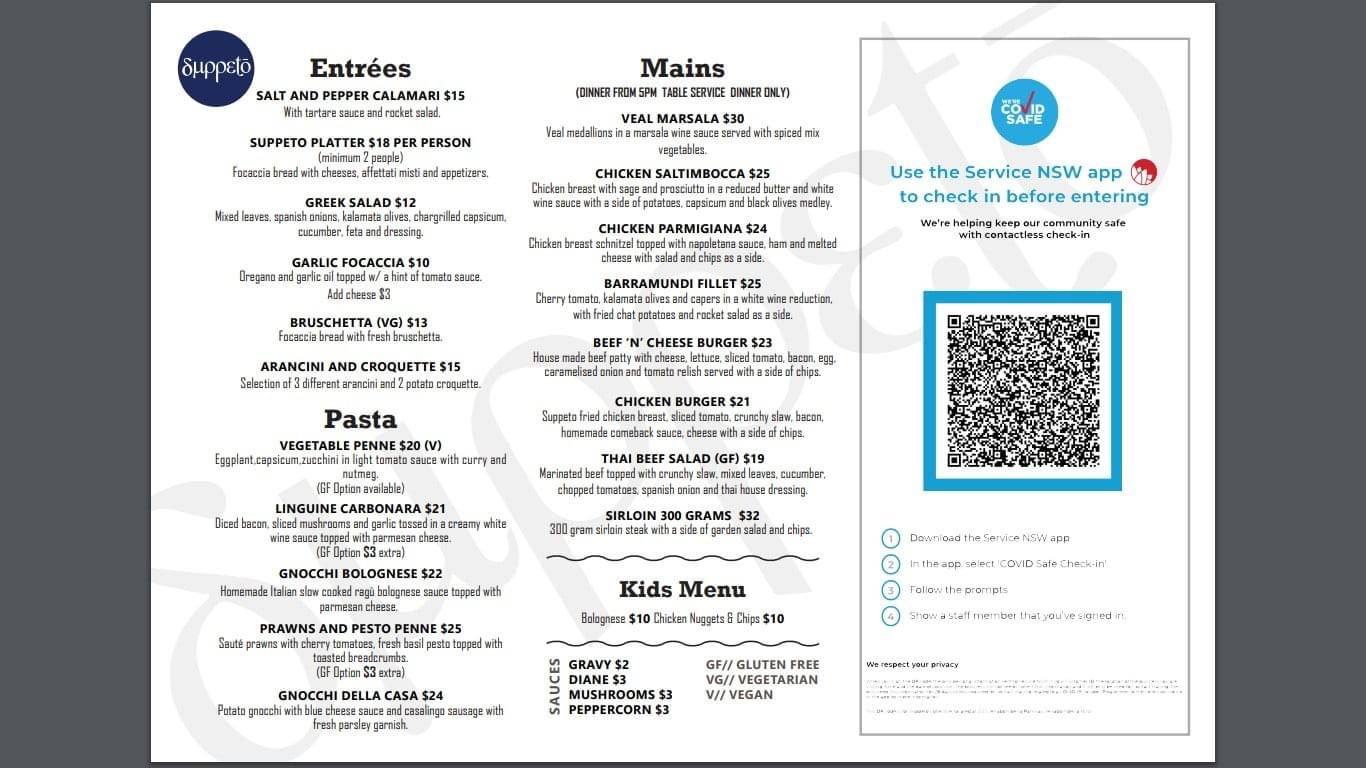 Menu at Suppetó Collective cafe, Jerrabomberra