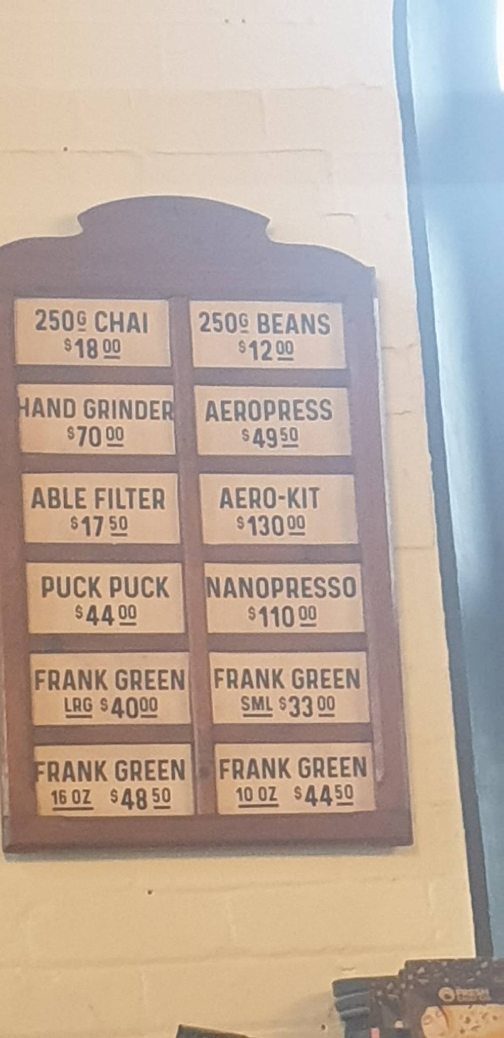 Menu at The Chapel cafe, Burnie