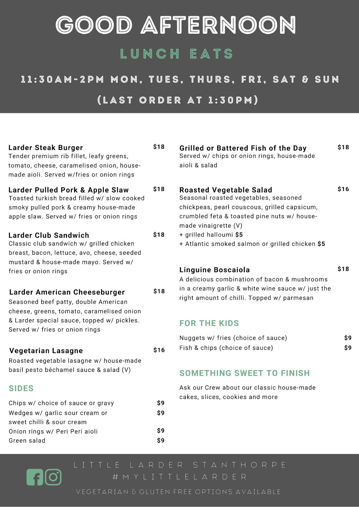Menu at The Little Larder cafe, Stanthorpe