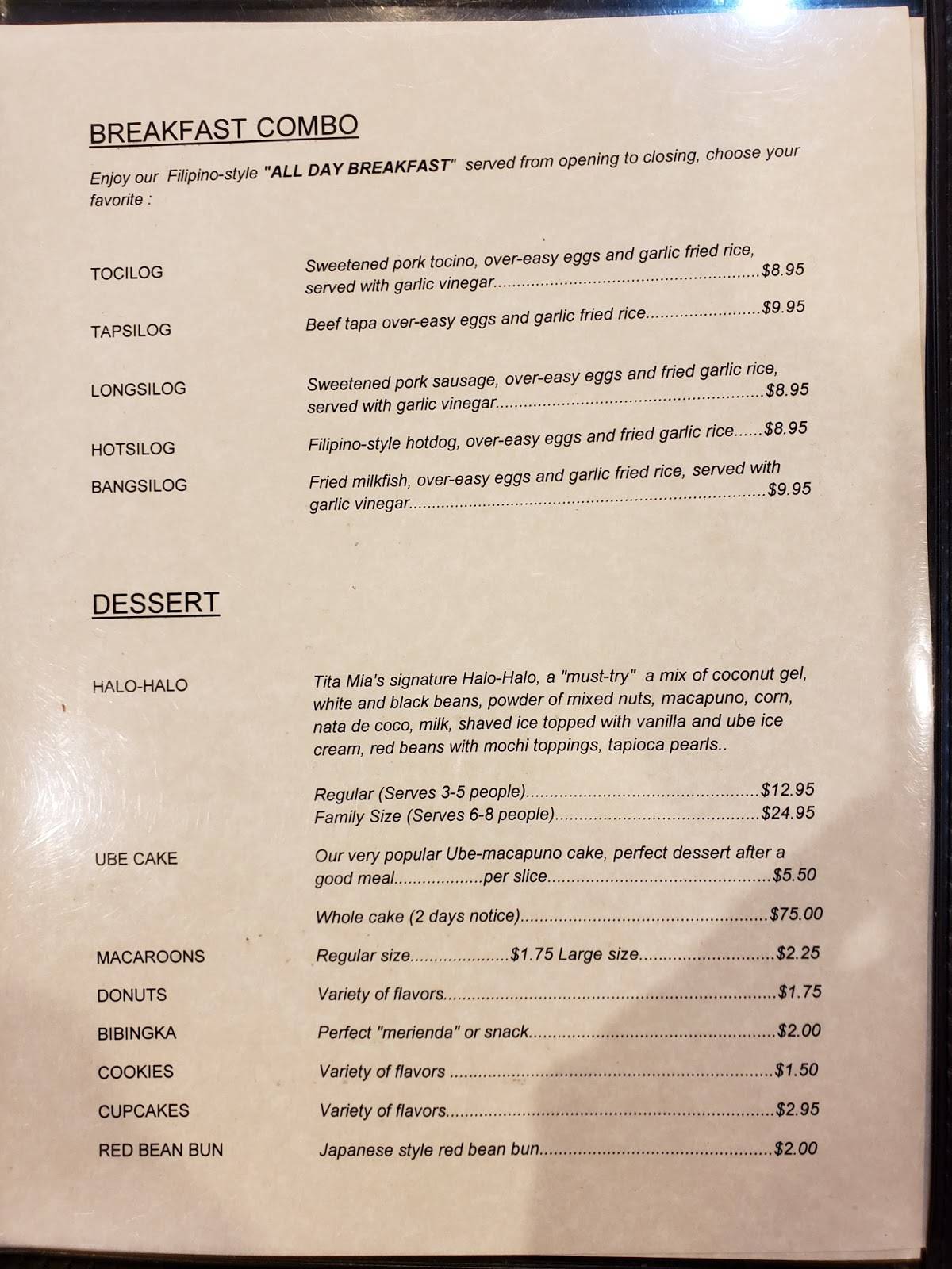 Menu at Tita Mia's Filipino Restaurant & Cafe, Niles