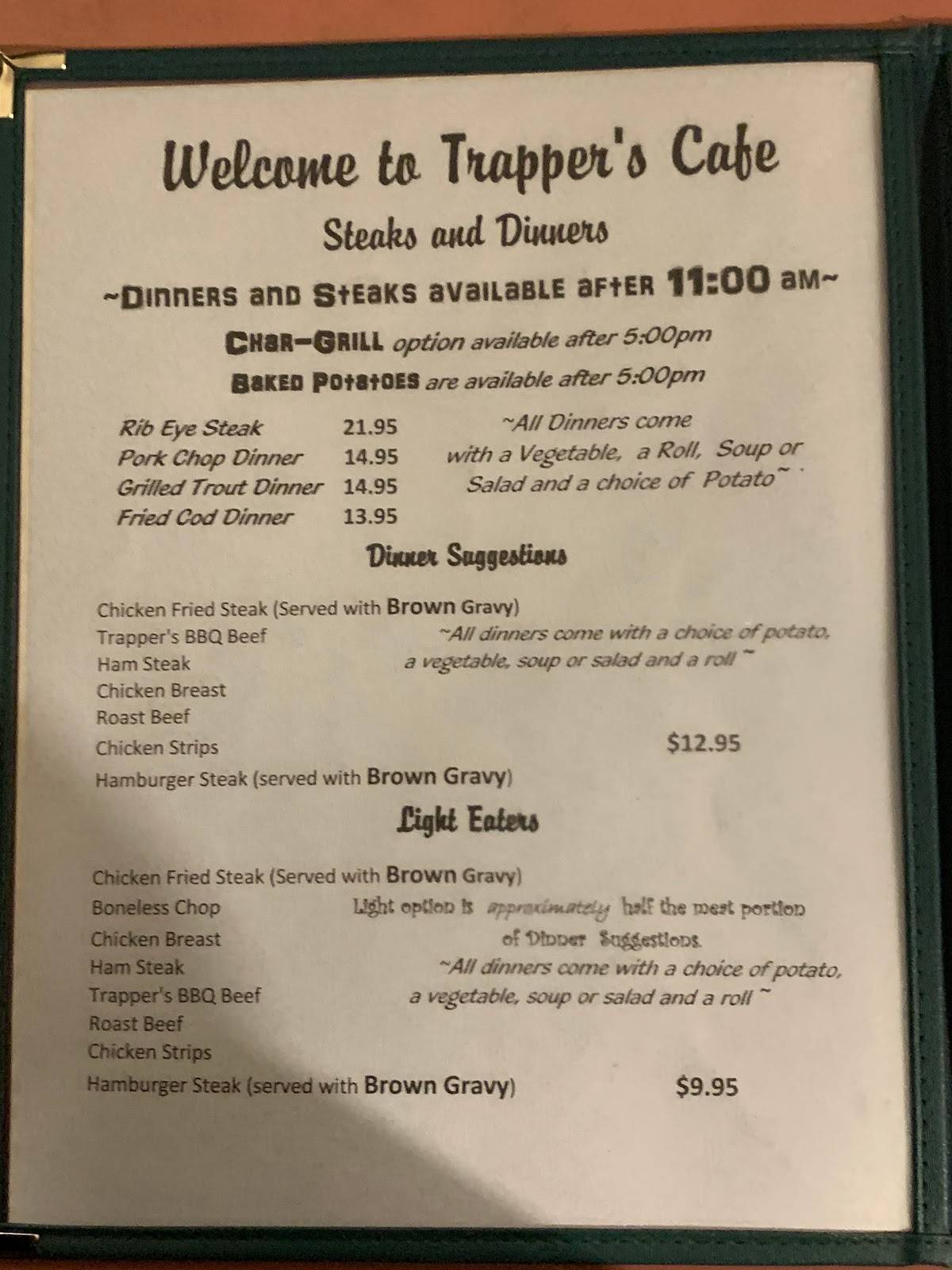 Menu at Trapper's Cafe, Taylor, 9 Main St