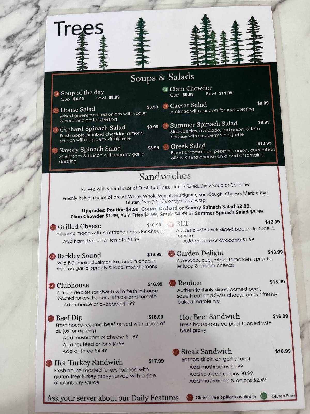 Menu at Trees Restaurant & Bakery, Parksville
