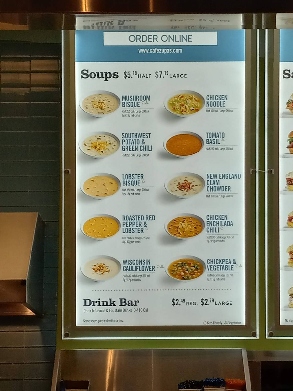 Menu at Café Zupas restaurant, West Valley City, S 5600 W