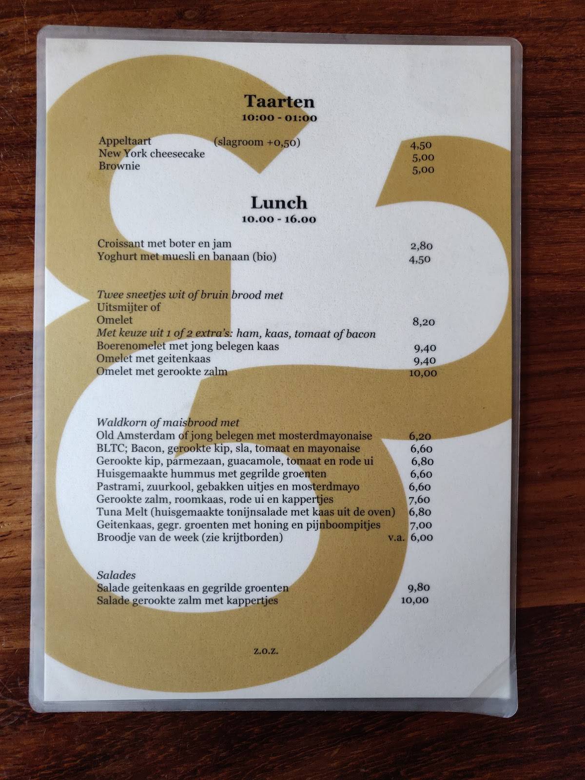 Menu at café smit & voogt, Amsterdam