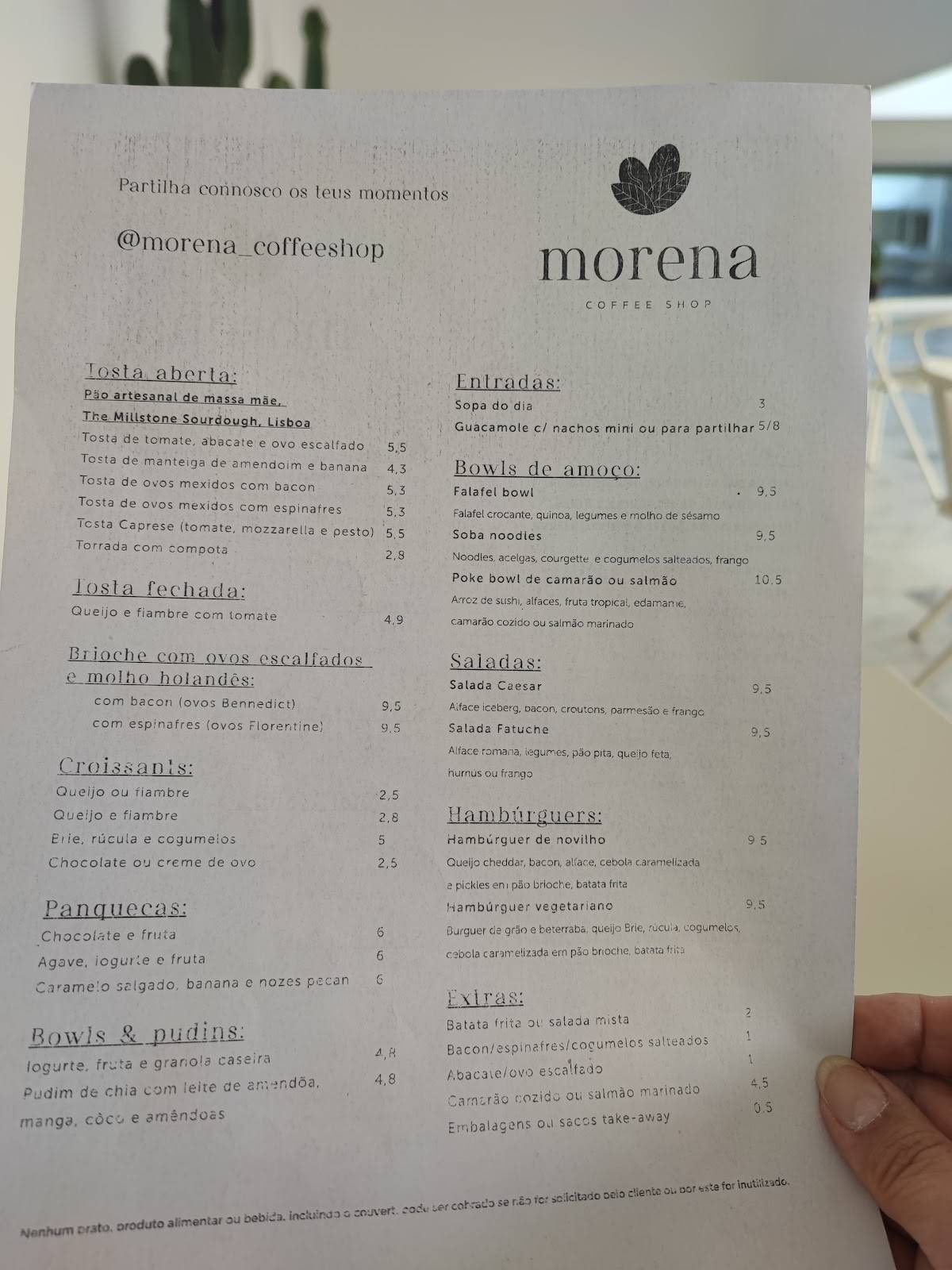 Menu at Morena Coffee Shop cafeteria, Grândola