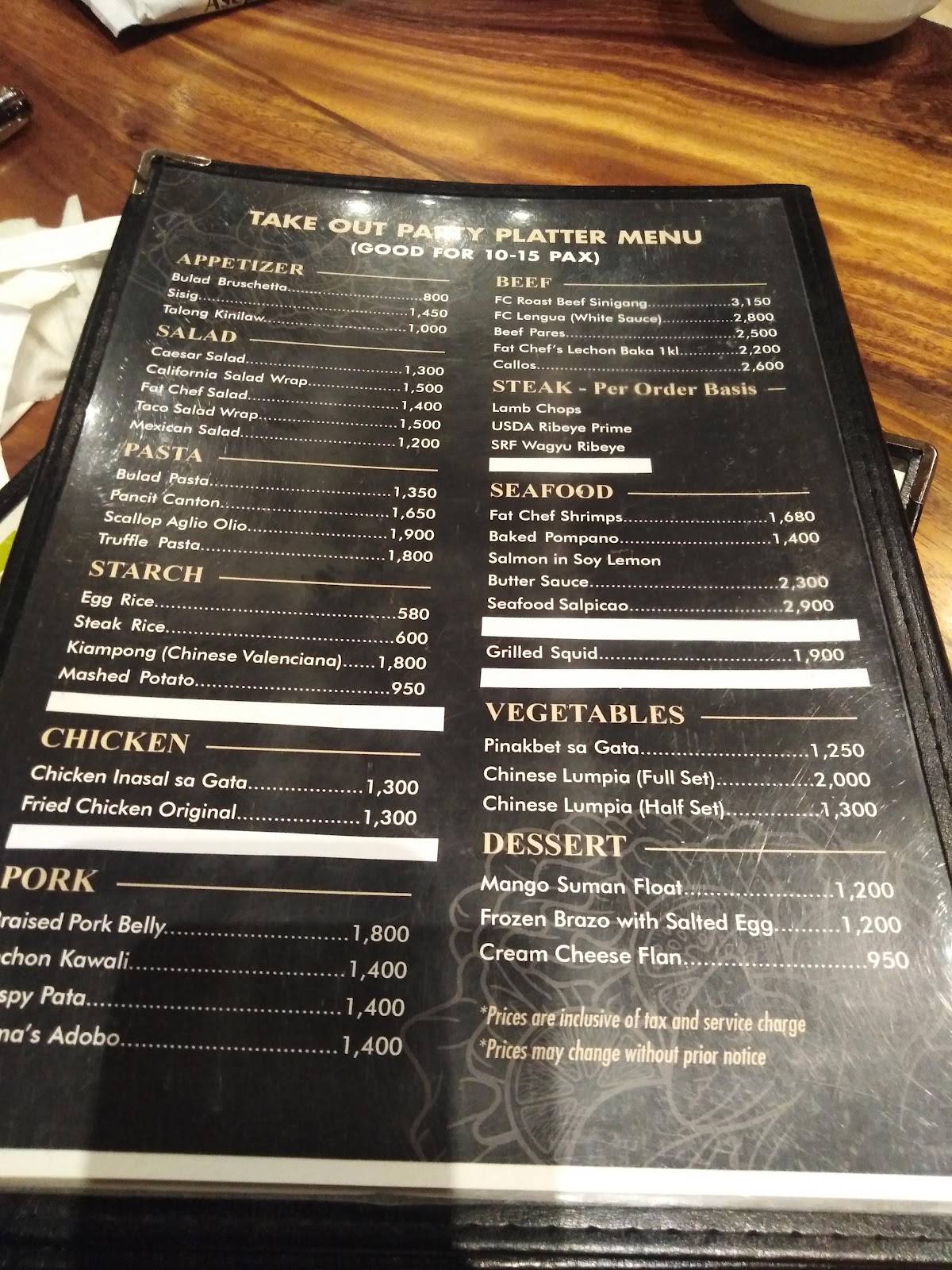 Carta de Fat Chef Restaurant, Cagayan de Oro