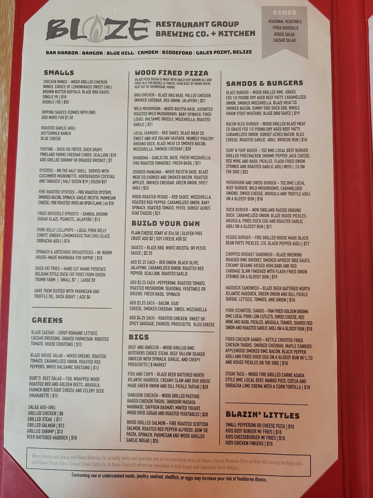 Menu at Blaze restaurant, Camden