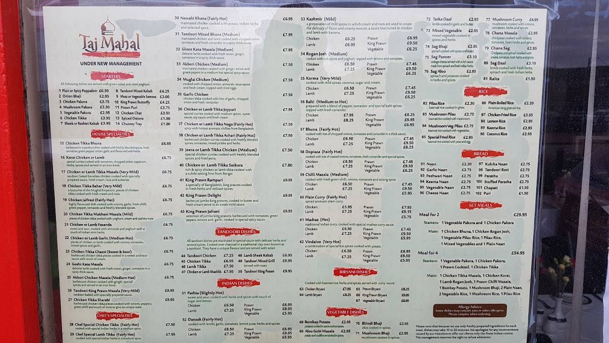 Menu at Taj Mahal restaurant, Campbeltown