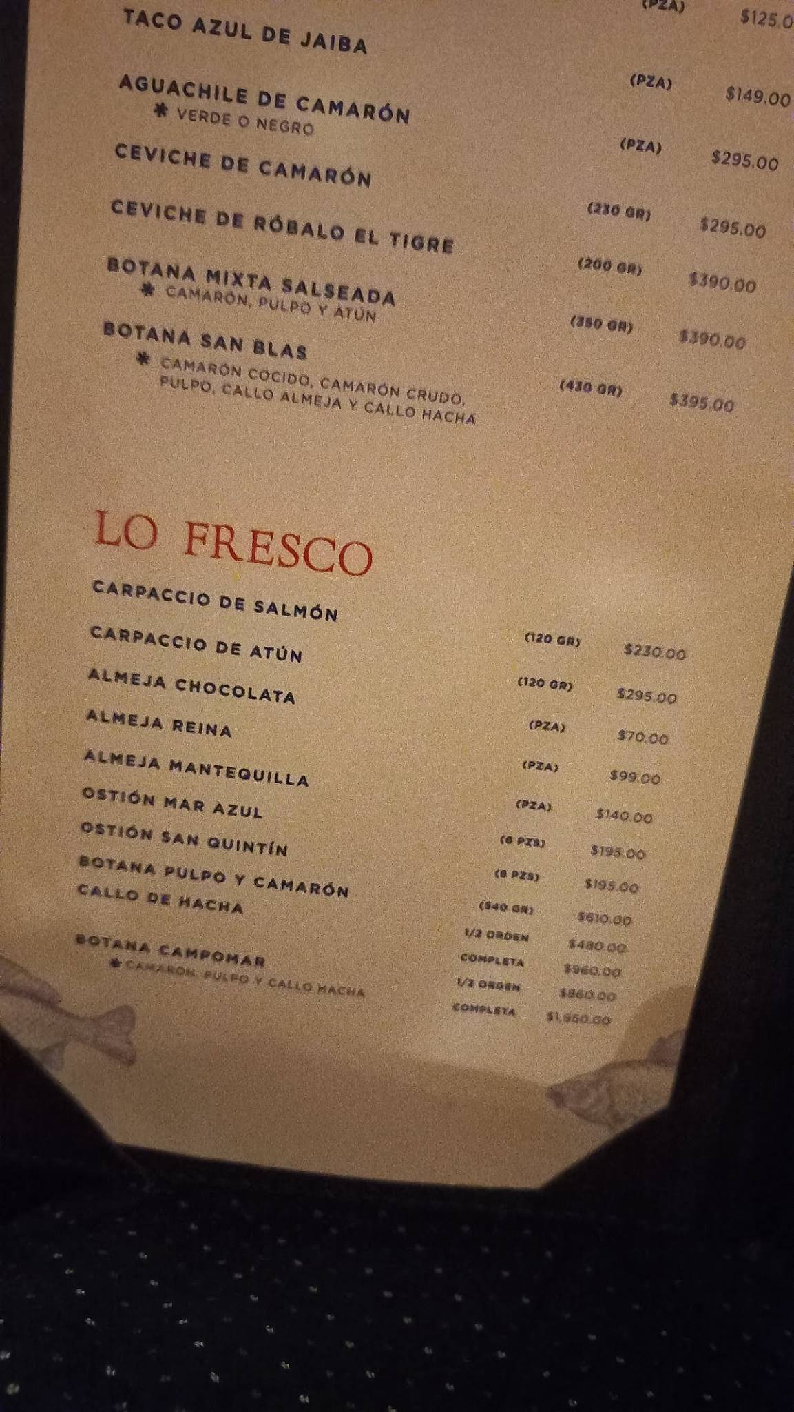 Carta del restaurante Campomar Puerto Vallarta, Puerto Vallarta