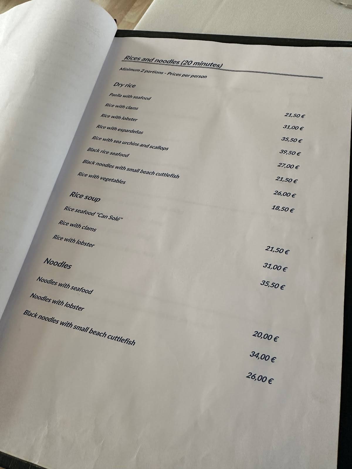 Carta del restaurante Can Solé, Barcelona, C. del Sant Carles