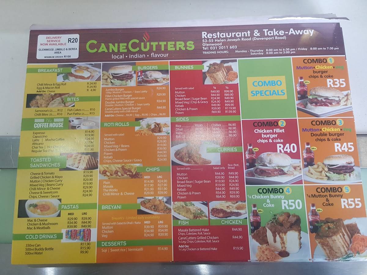 Menu at Canecutters Restaurant, Durban, 53-55 Helen Joseph Rd