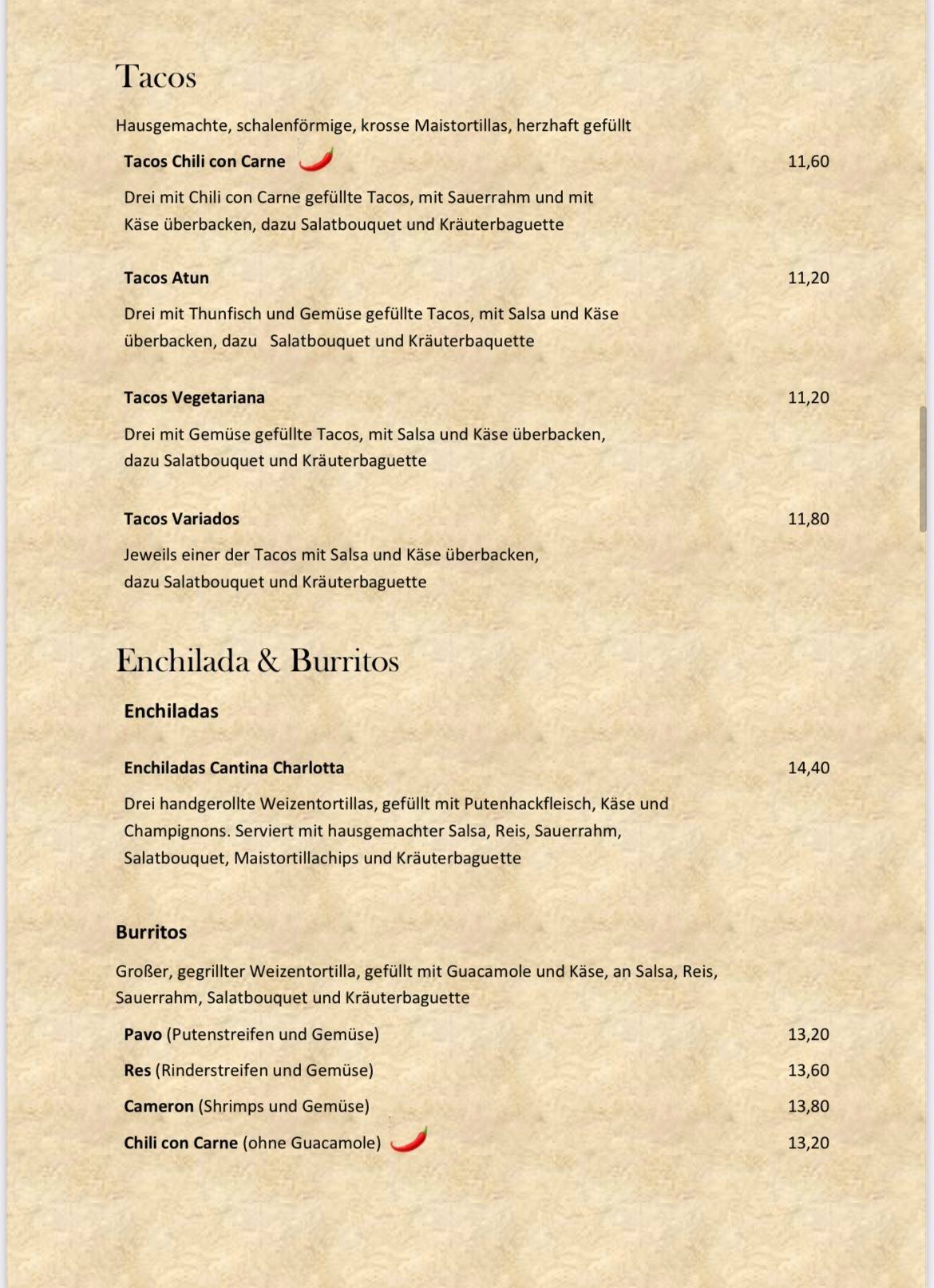 Speisekarte von Cantina Charlotta restaurant, Kaufering