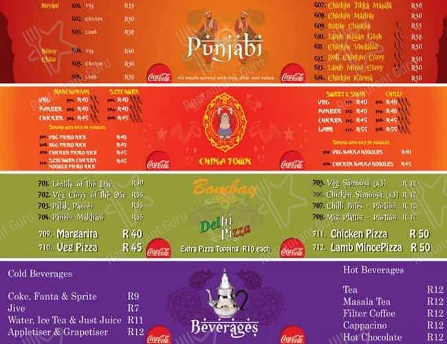 Menu at Eastern Food Bazaar restaurant, Cape Town