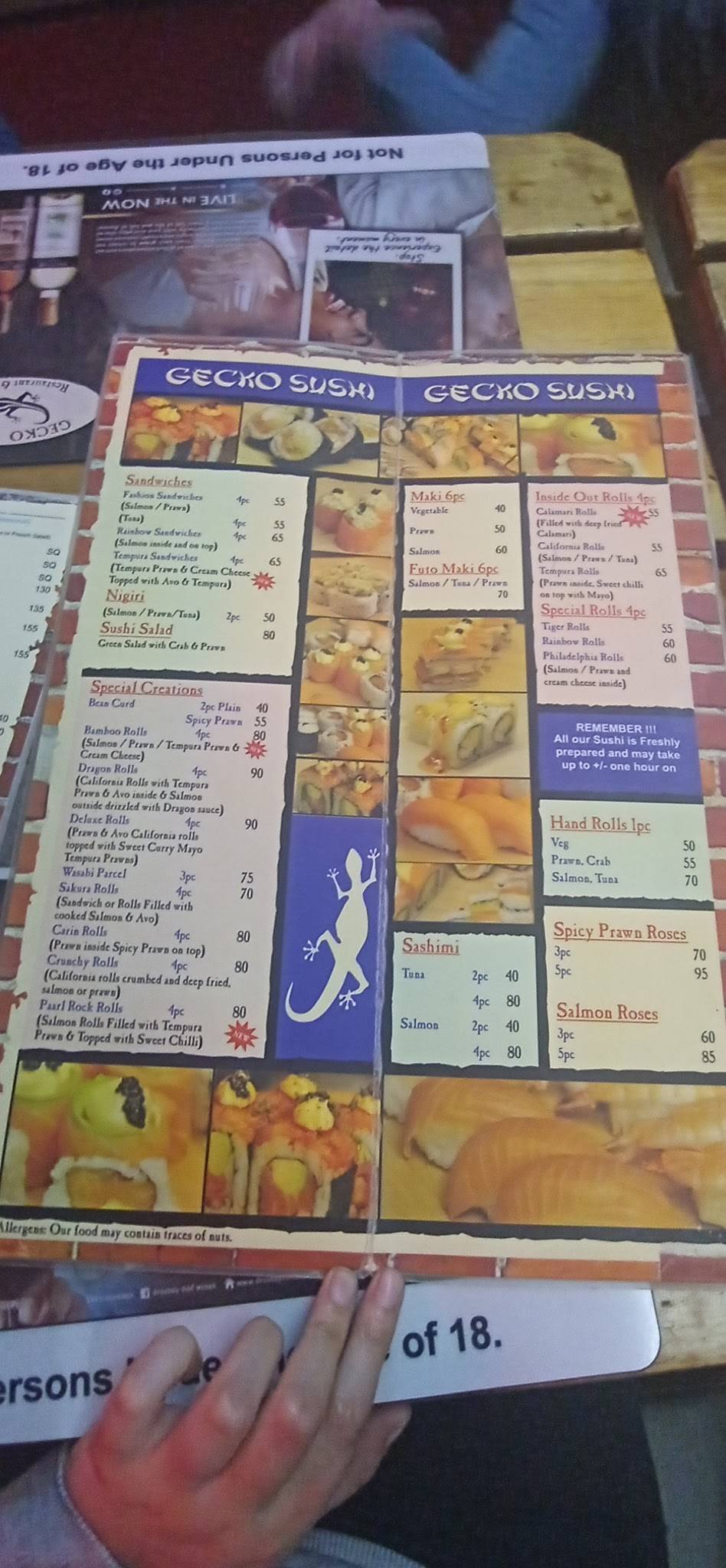 Menu at Gecko Lounge Wellington restaurant, Wellington, 41 Main Road