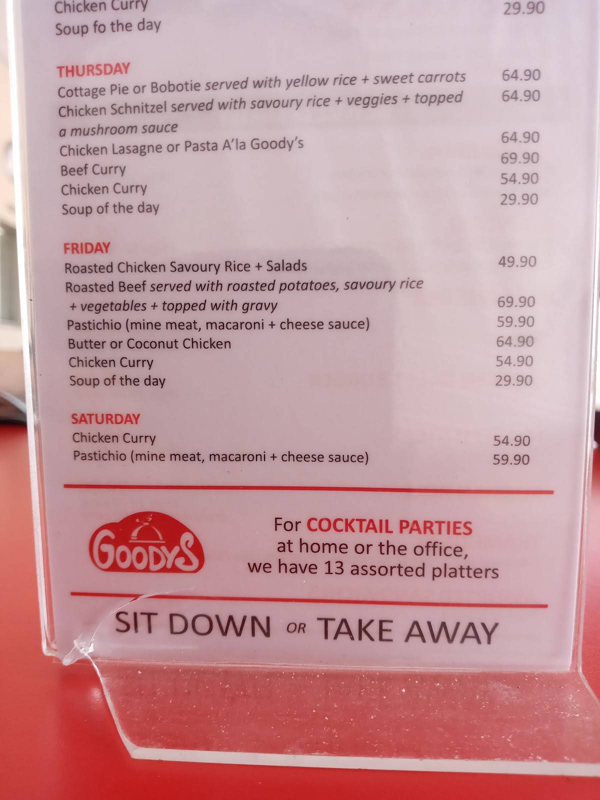 Menu at Goodys Take Aways cafe, Cape Town