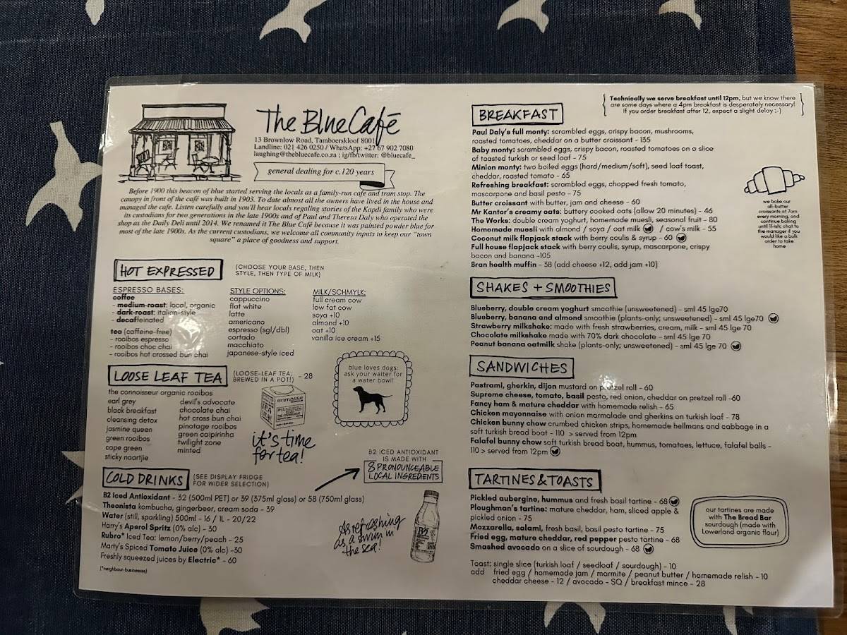 Menu at The Blue Cafe, Cape Town