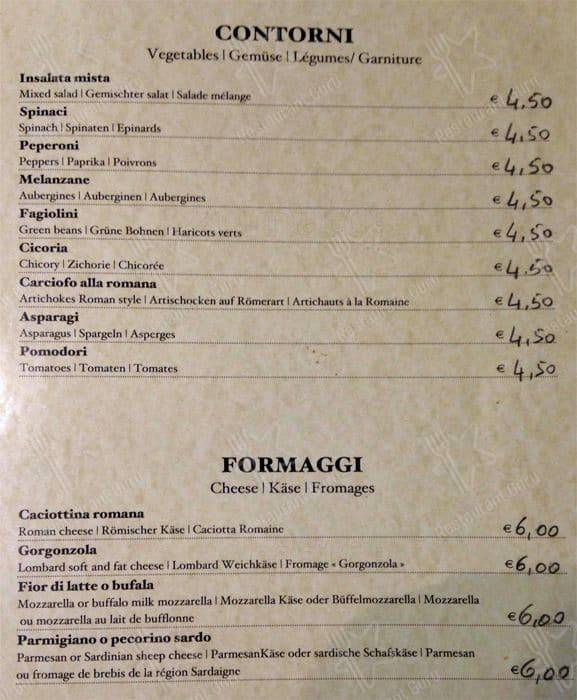 Menu at Capo de Fero Roma restaurant, Rome