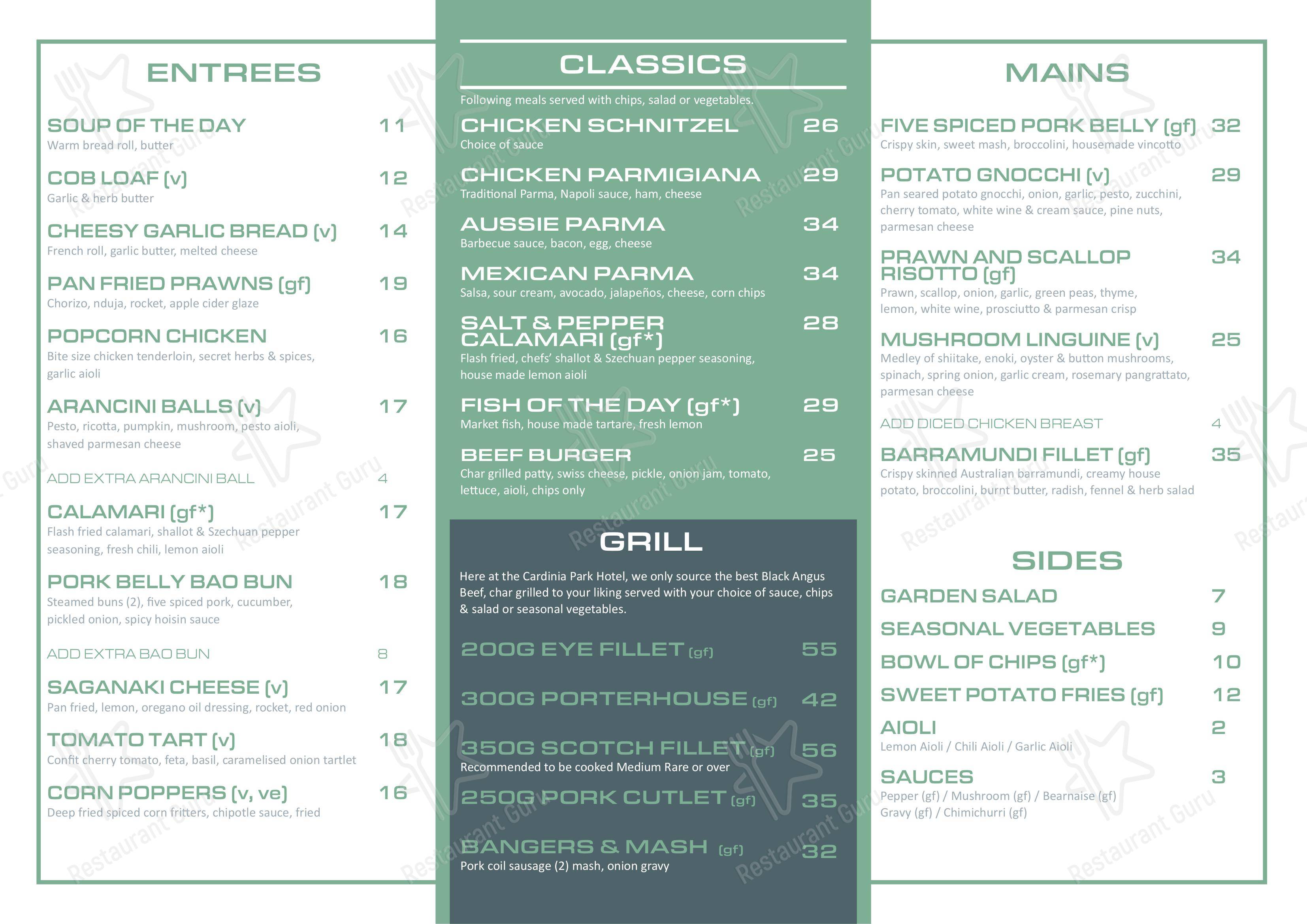 Menu at Cardinia Park Hotel restaurant, Beaconsfield