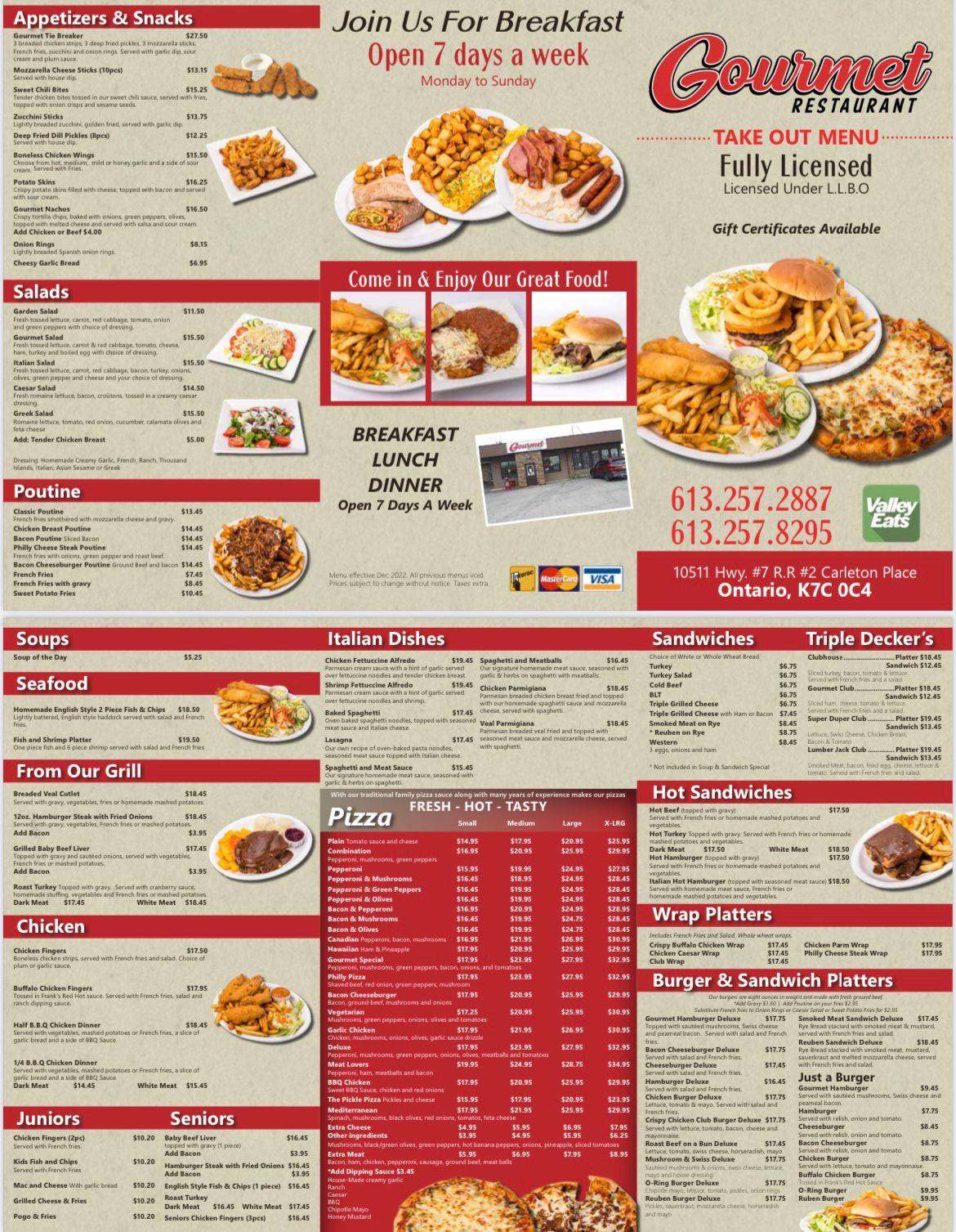 Menu at Gourmet Restaurant, Carleton Place