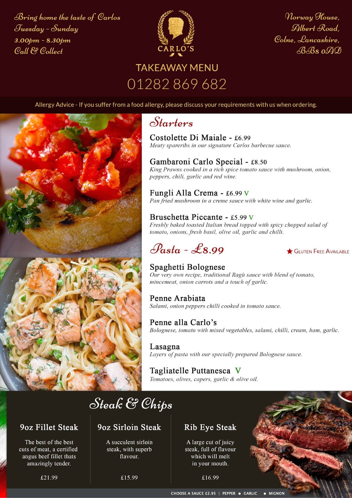 Menu at Carlo's Restaurant, Colne