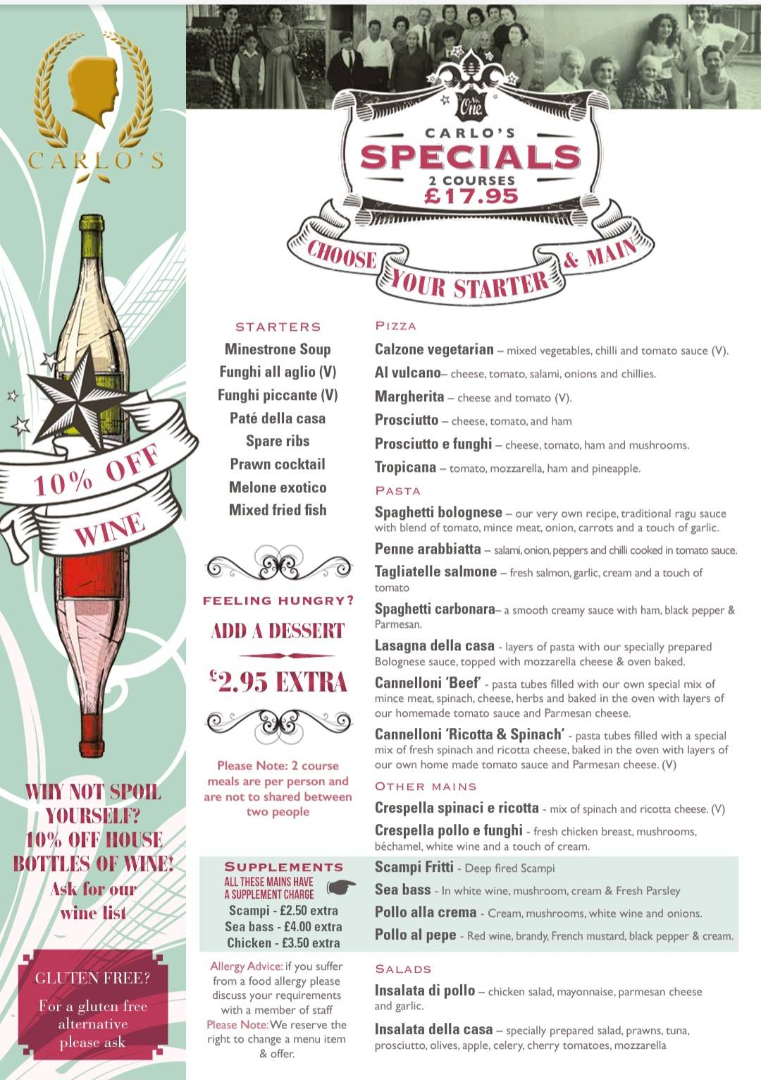Menu at Carlo's Restaurant, Colne